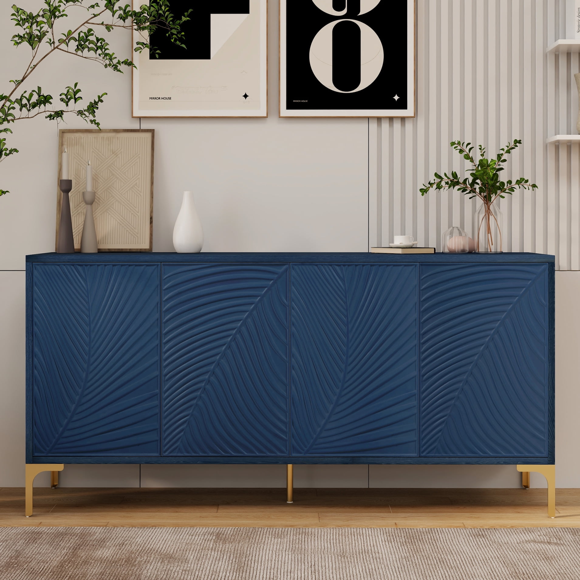 Modern 4-Door Sideboard with Creative Carved Design & Adjustable ...