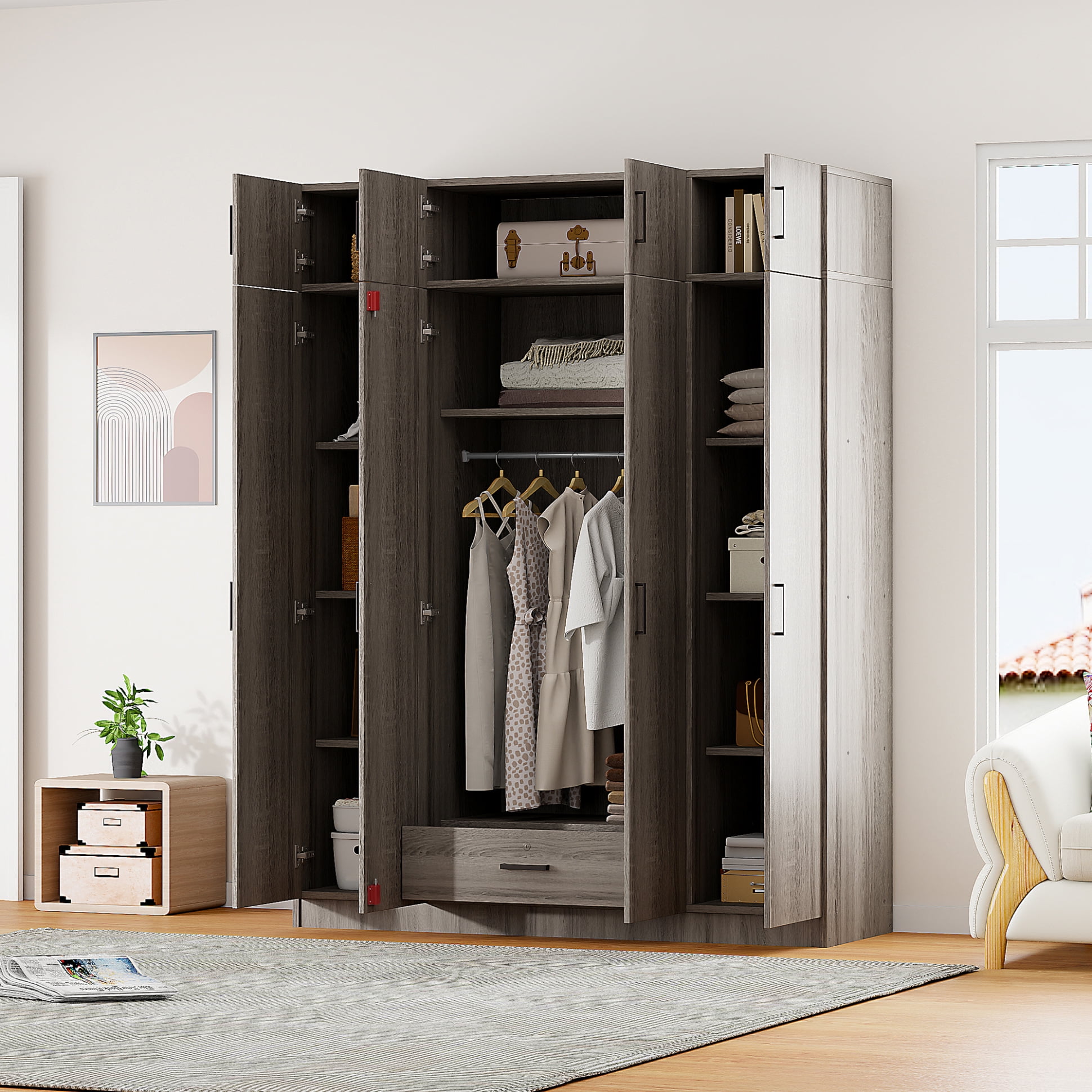 Modern 4-Door Wardrobe with Locking Drawer and Overhead Cabinet - Ample ...