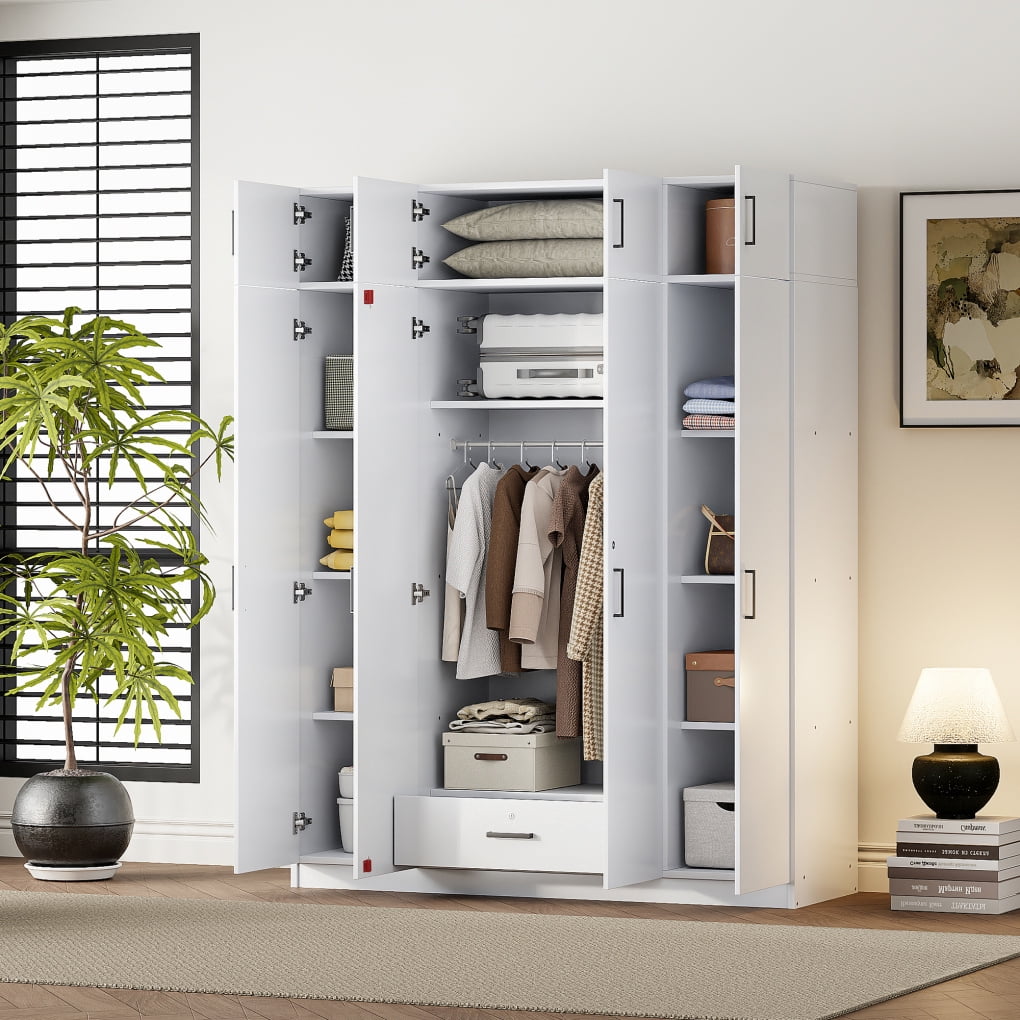 Modern 4-Door Wardrobe with Locking Drawer and Top Storage Cabinet ...