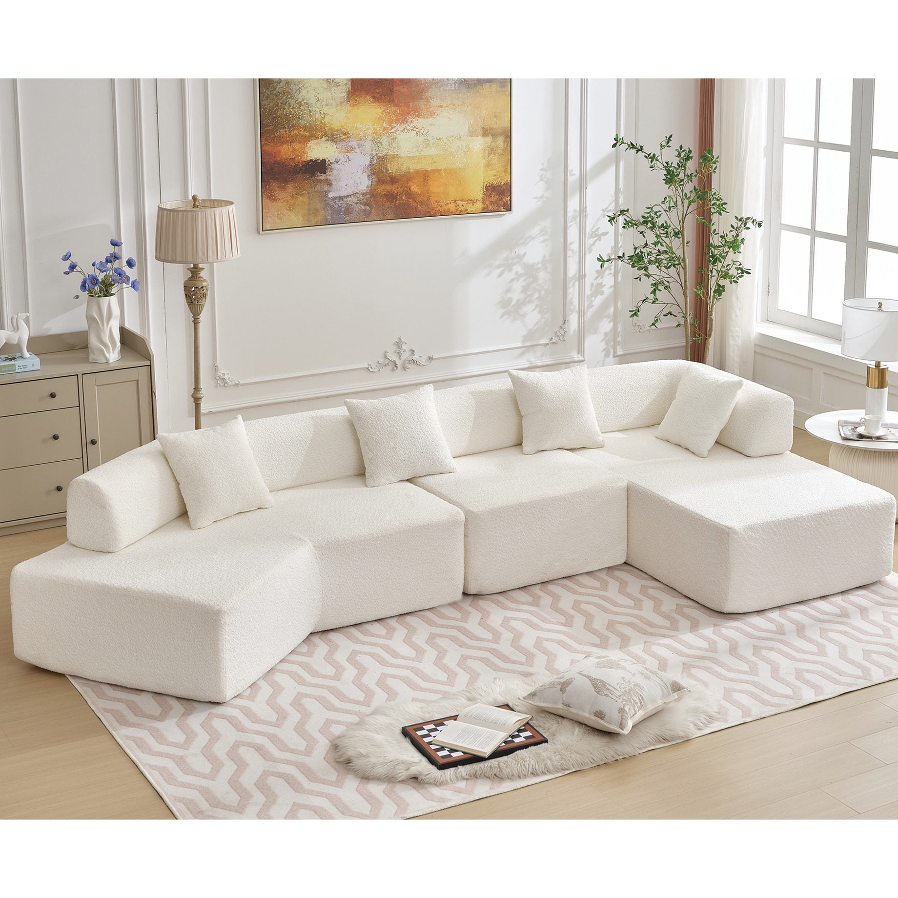Modern 4-Seat Boucle Sofa, High-Resilience Padding - Supportive Family ...