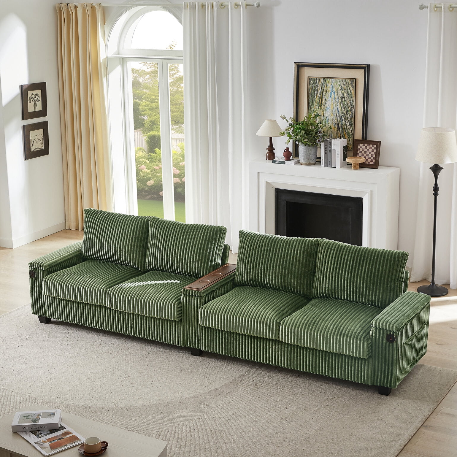 Modern 4 Seat Sofa, 133" Corduroy Sofa with USB Ports and Flip over Cup ...