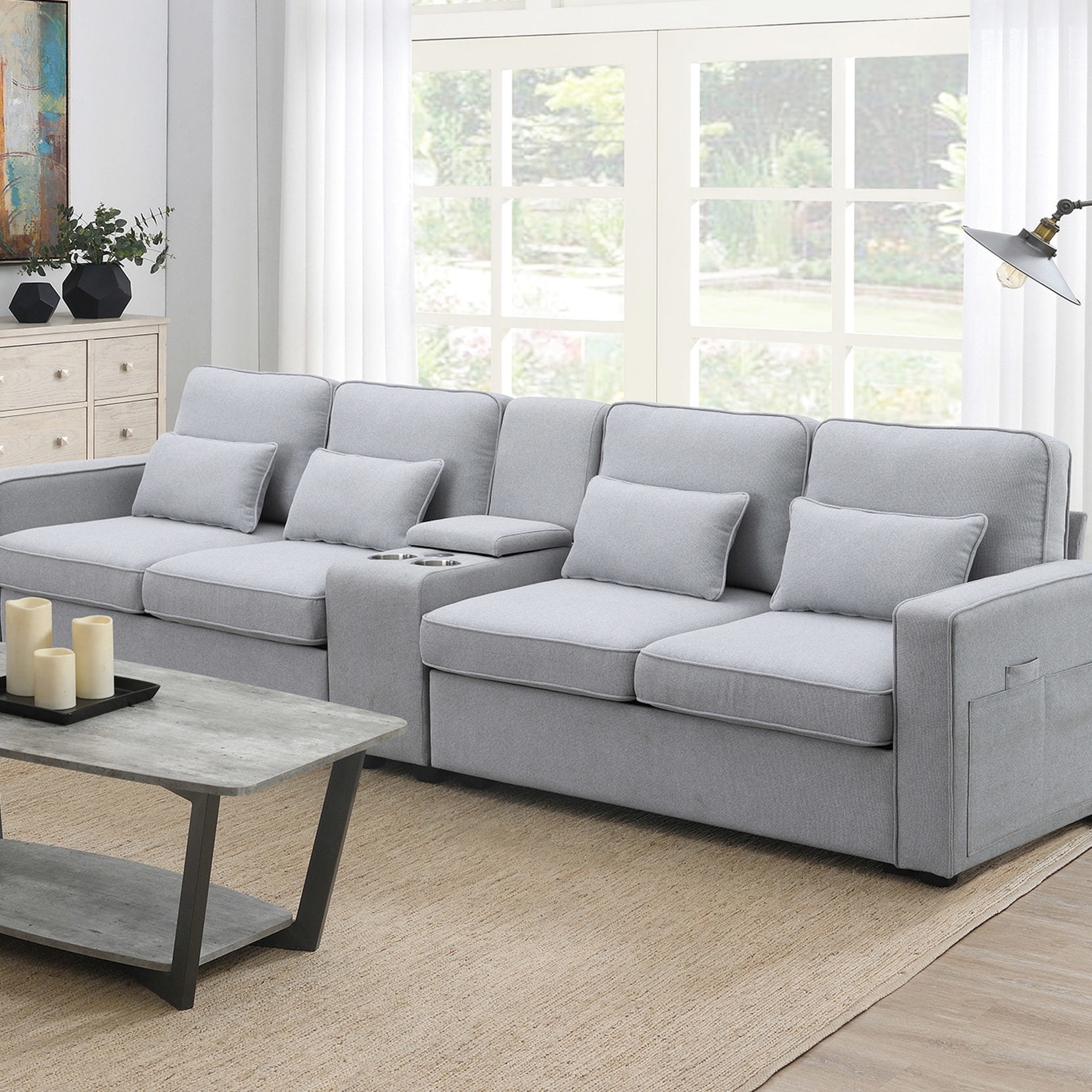Modern 4-Seat Sofa with Linen and USB Charging / Storage for Party at ...