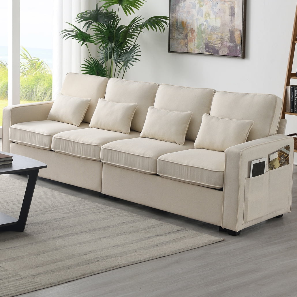 Modern 4-Seater Sectional Sofa with Armrest Pockets & 4 Pillows, Beige ...