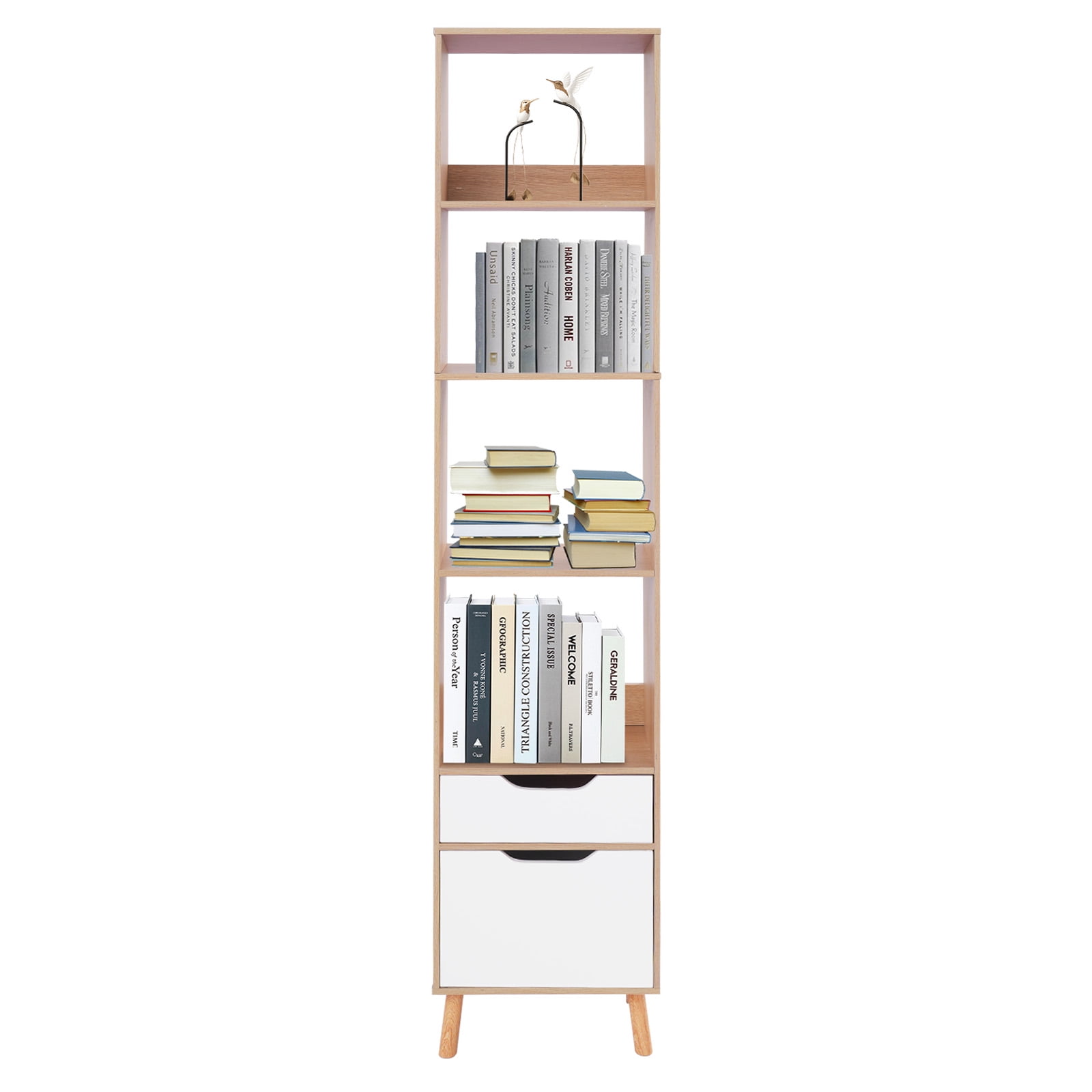 Modern 4-Tier Freestanding Bookshelf with Drawer and Cabinet, Stylish ...