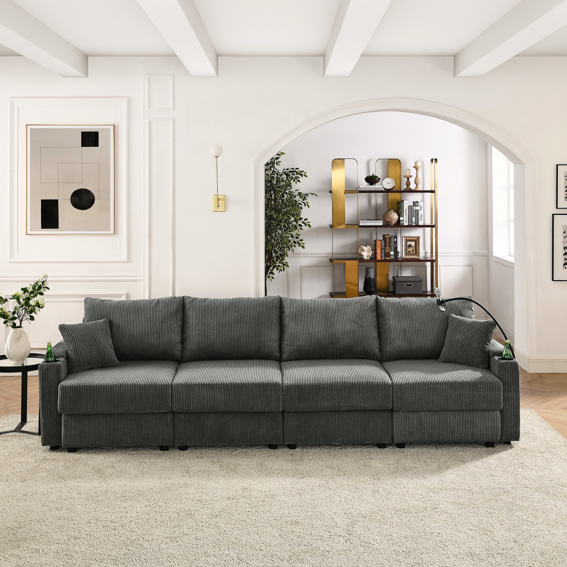 Modern 4-seat sofa with cup holders and phone charging ports medium ...