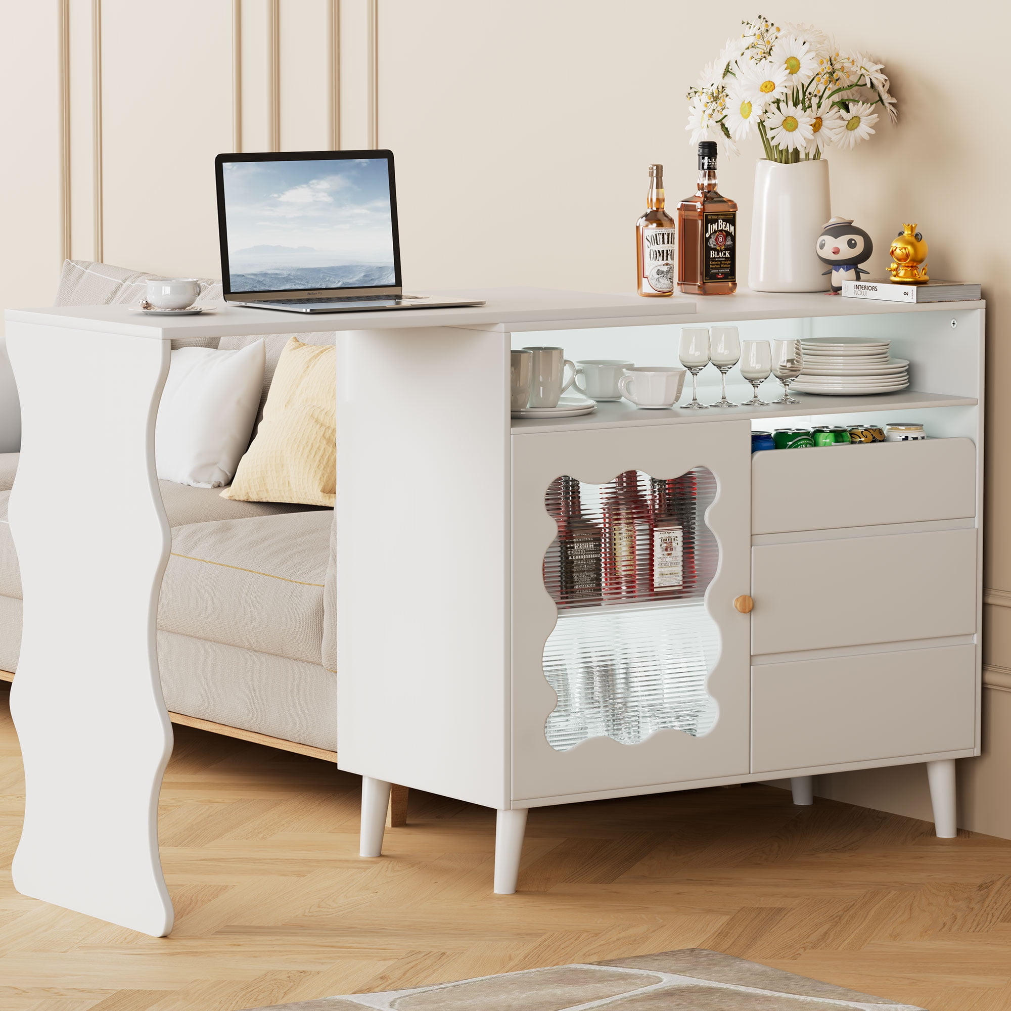 Modern 41"-79" Extendable Sofa Bar Table Cabinet Behind Couch Pub Table With Ample Storage And ...