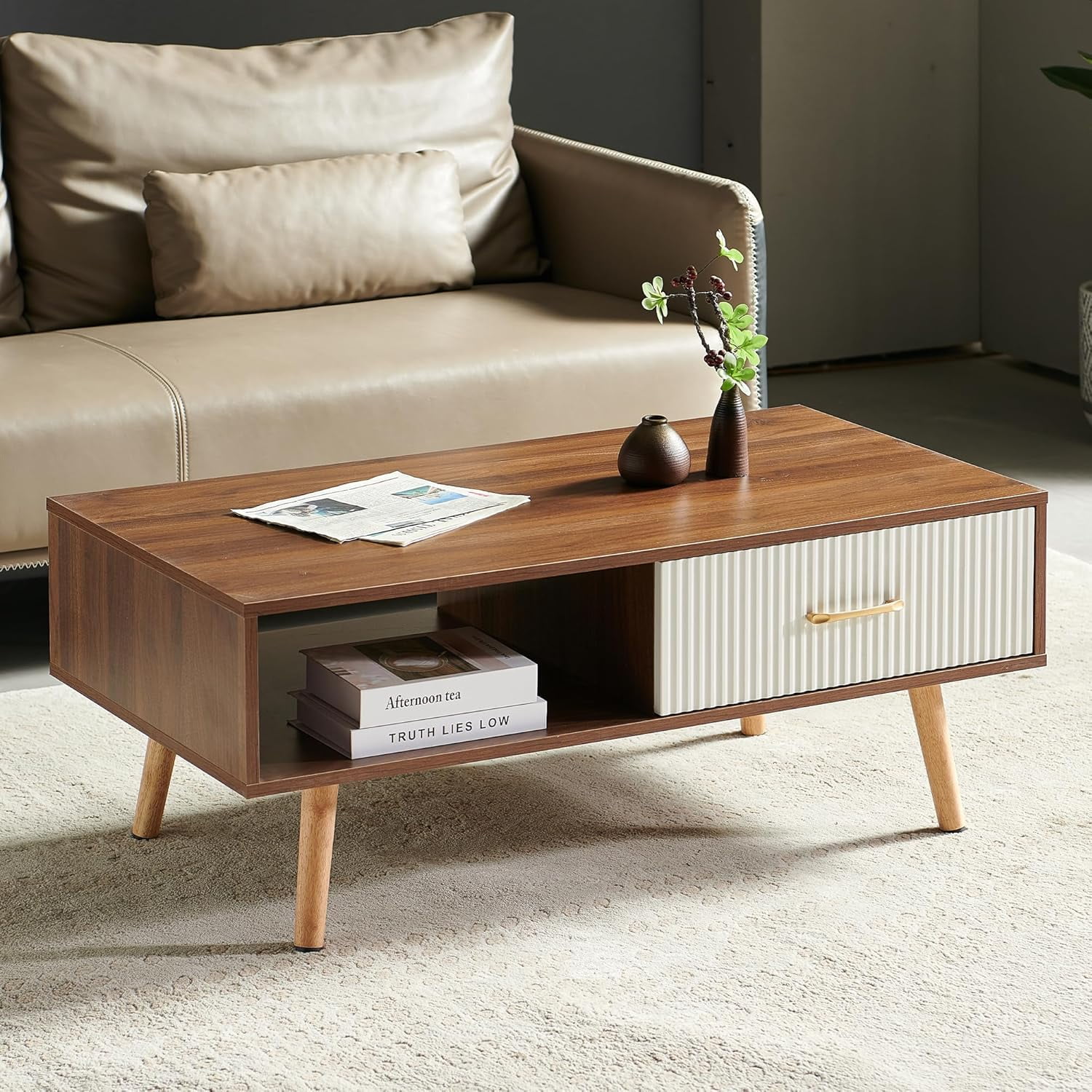 Modern 41 Rectangular Walnut Wood Coffee Table with Stripe Drawer and 2 ...
