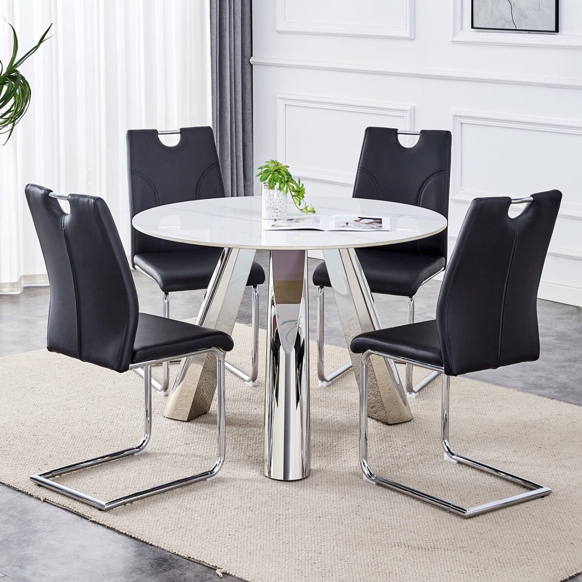 Modern 42-Inch Round Dining Table Set with Sintered Stone Top and ...