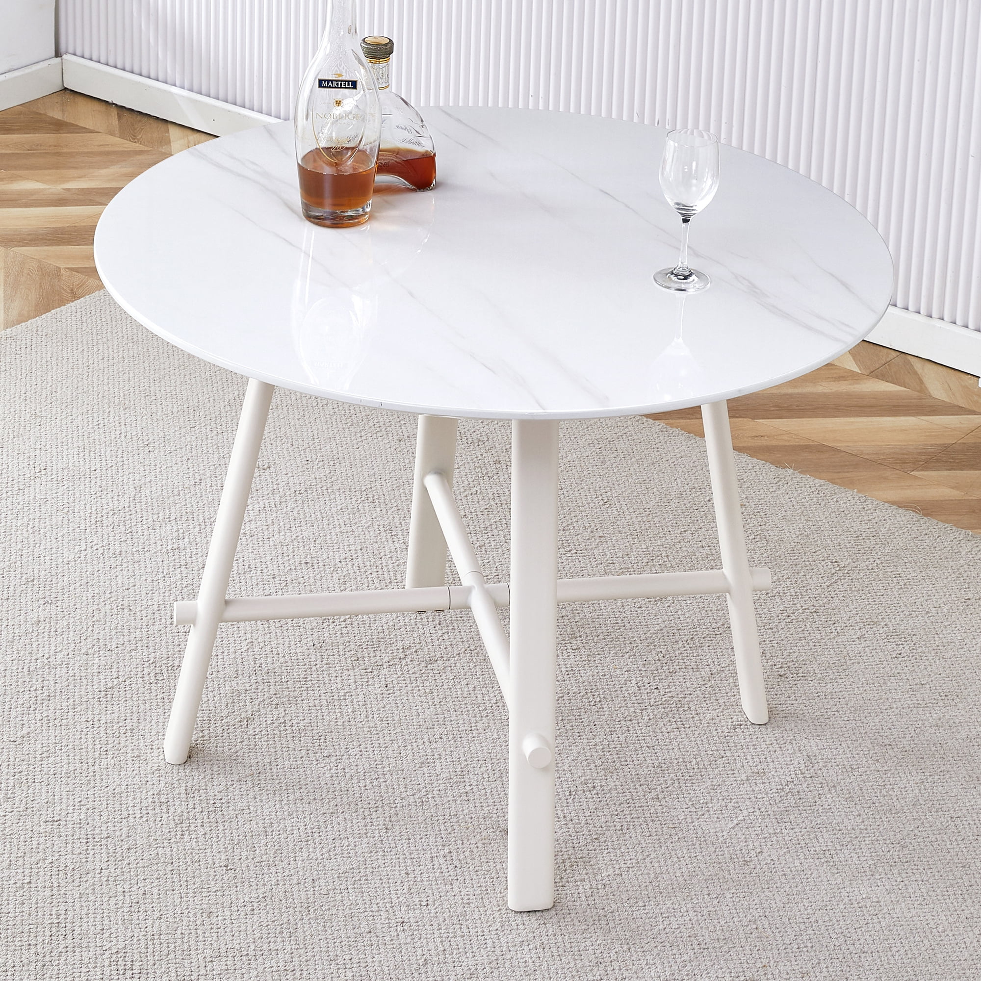 Modern 42 Inch Round Dining Table with White Patterned Top and White ...