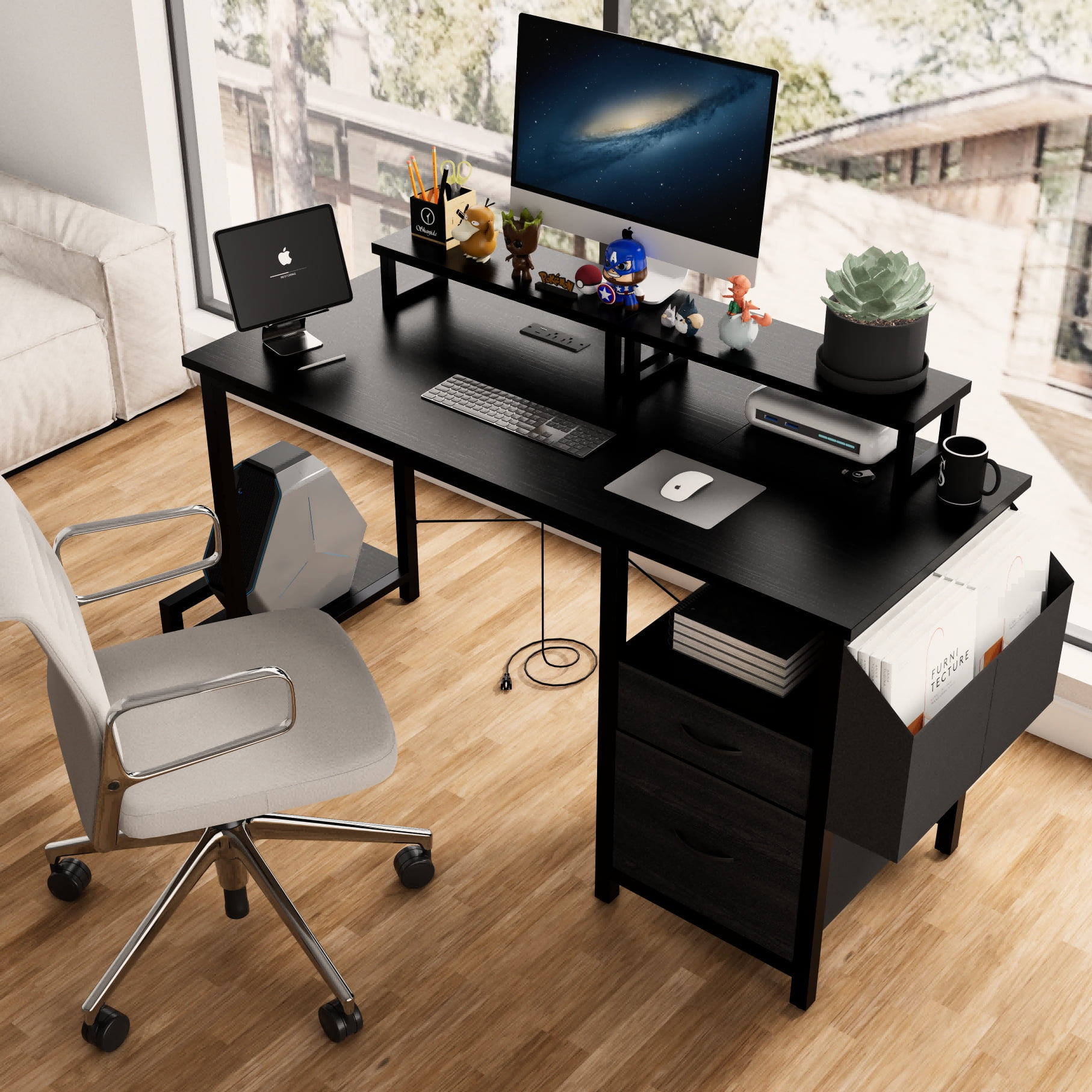 Modern 47.3" Computer Desk With Power Ports & Hooks - Black Rectangular ...