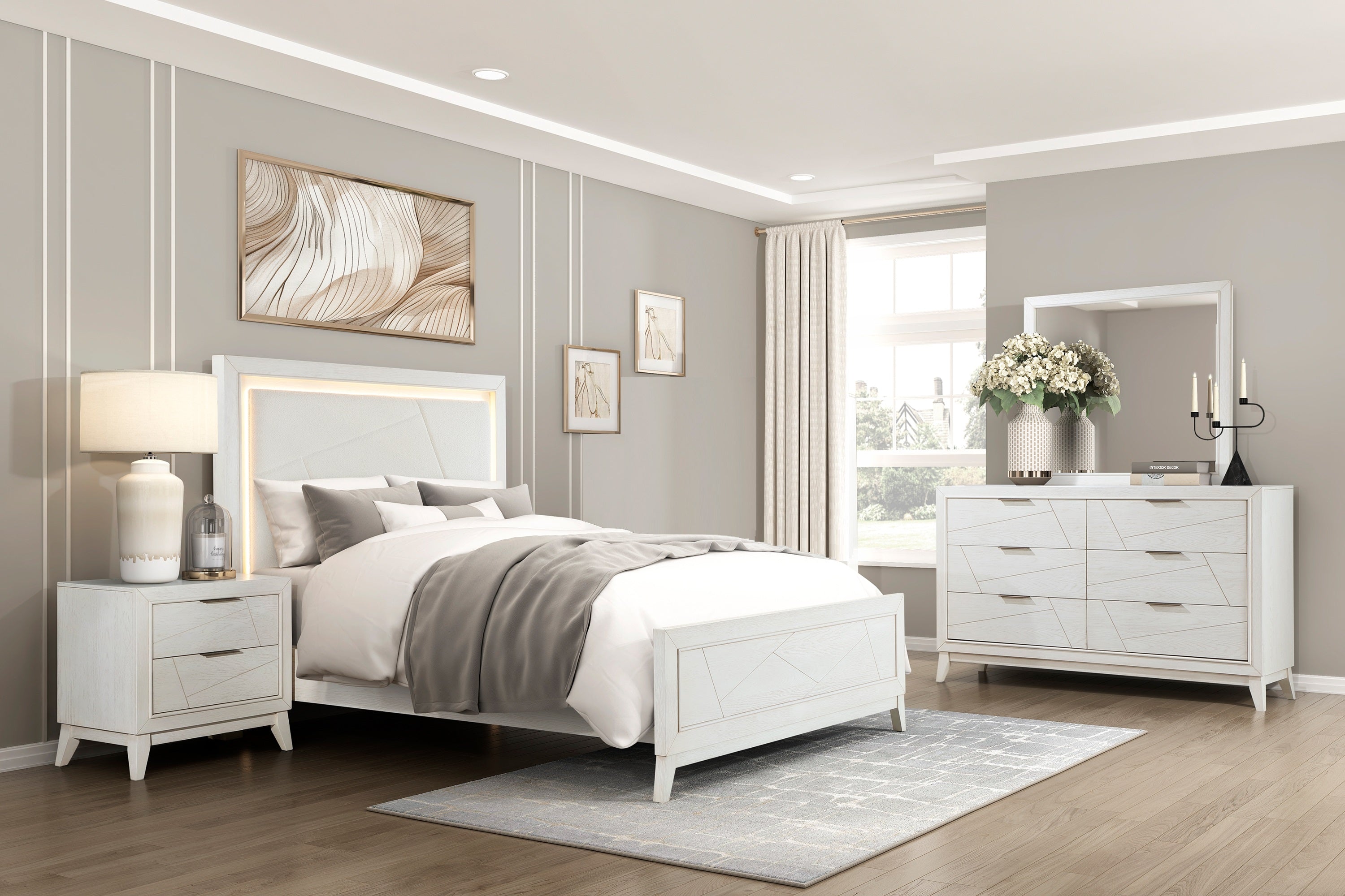 Modern 4pc Bedroom Set Antique White Finish King Bed Nightstand Dresser ...