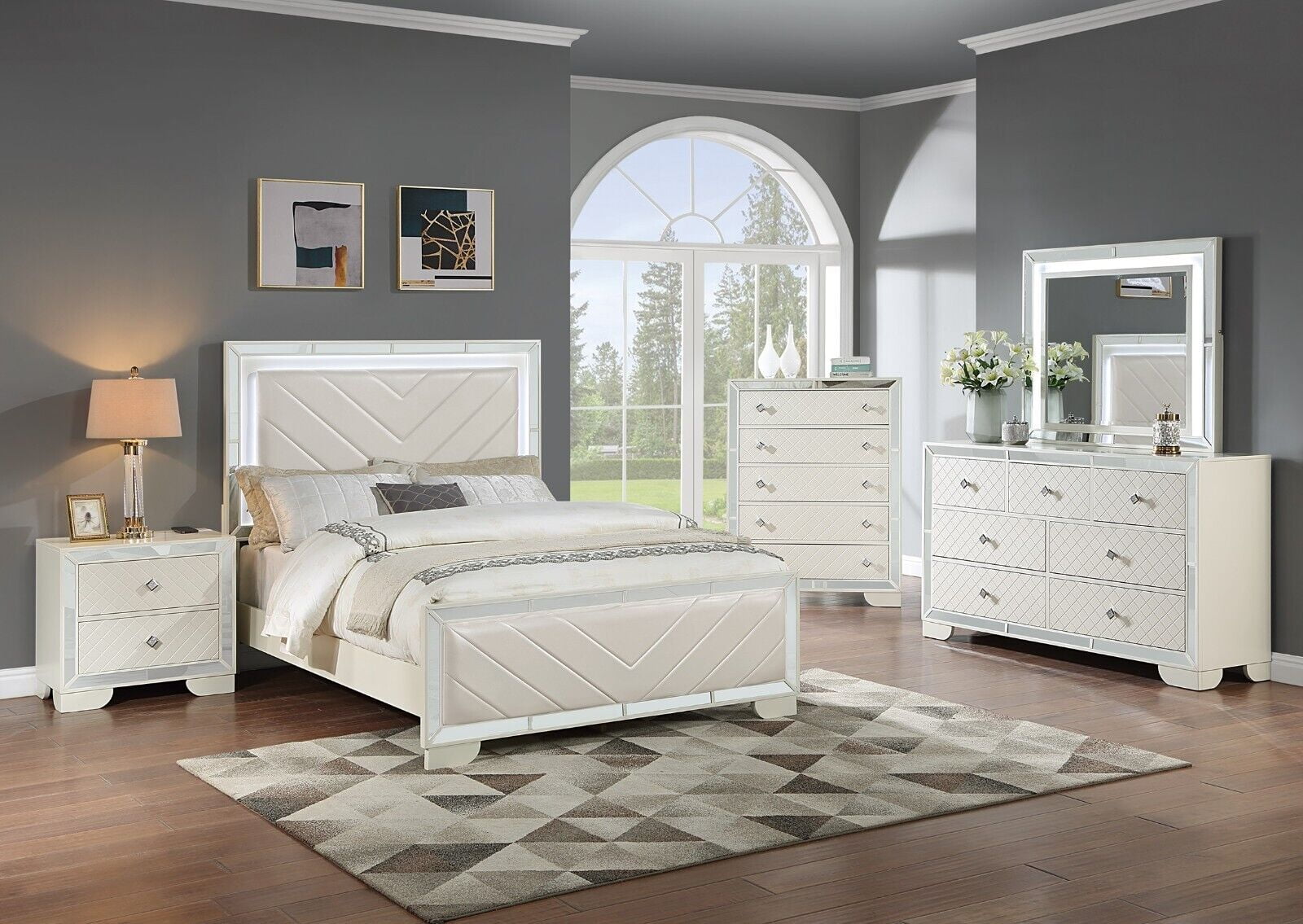 Modern 4pc King Size LED Panel Bed Set Cream Faux Leather Nightstand Dresser Master Bedroom Furniture Walmart