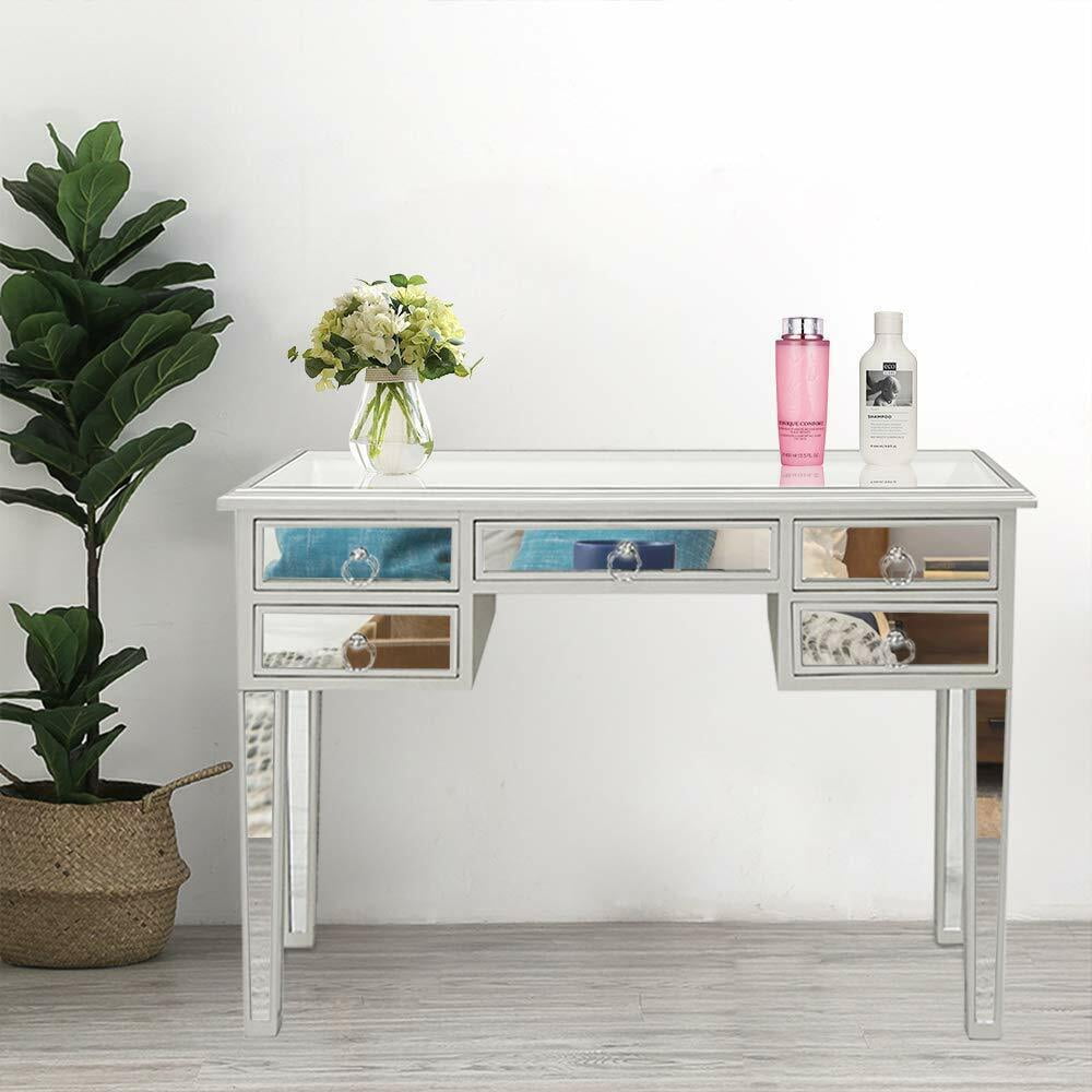 Modern 5 Drawer Mirrored Vanity Make-Up Desk Console Dressing Silver ...
