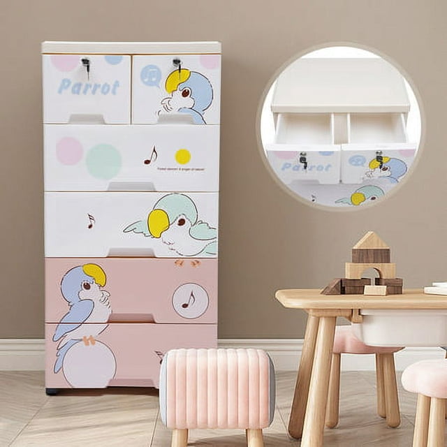 Modern 5 Layers Rolling Parrot Plastic Dresser Toys Organizer 6 Drawers ...