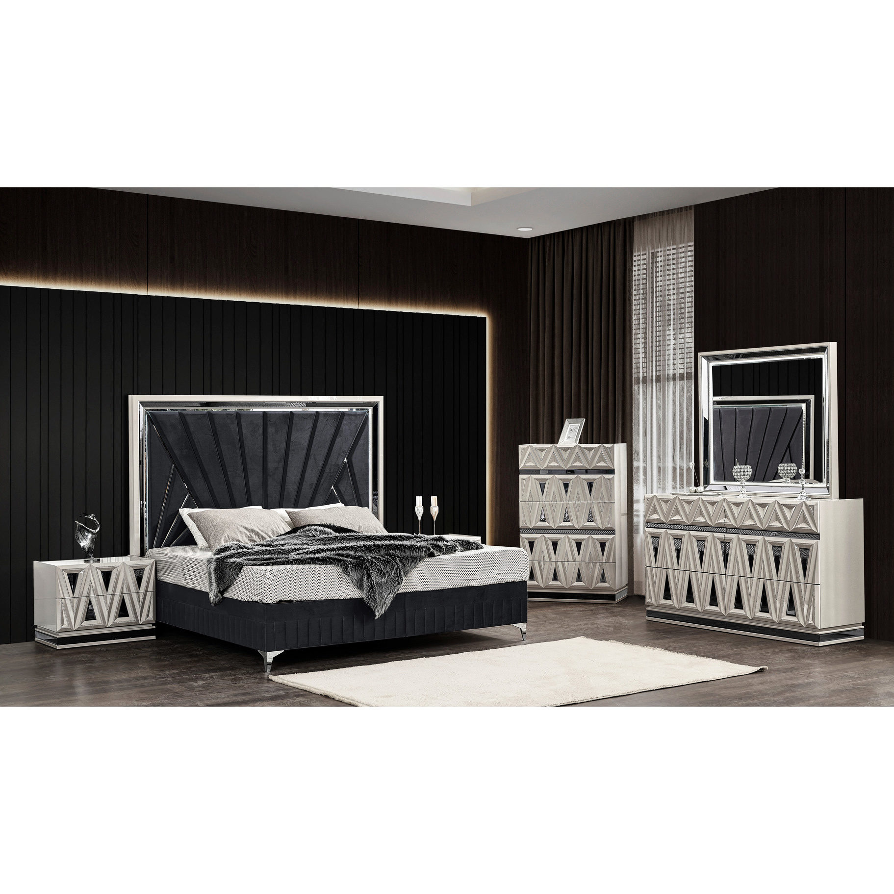 Modern 5-Piece Bedroom Ensemble for Queen Bed | LED Accented Mirror and ...