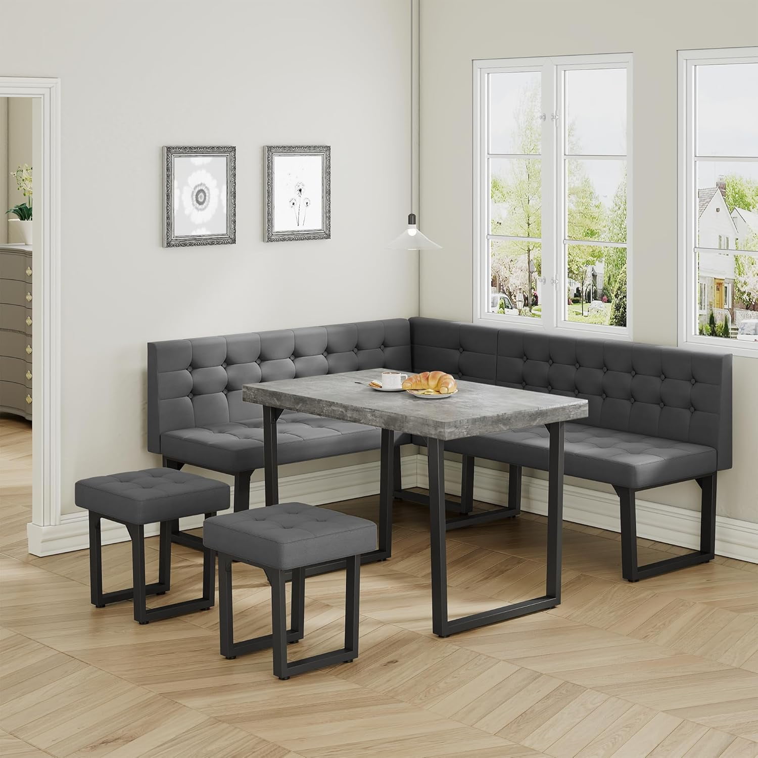 Modern 5-Piece Breakfast Nook Table Set with Storage , Gray Upholstered ...