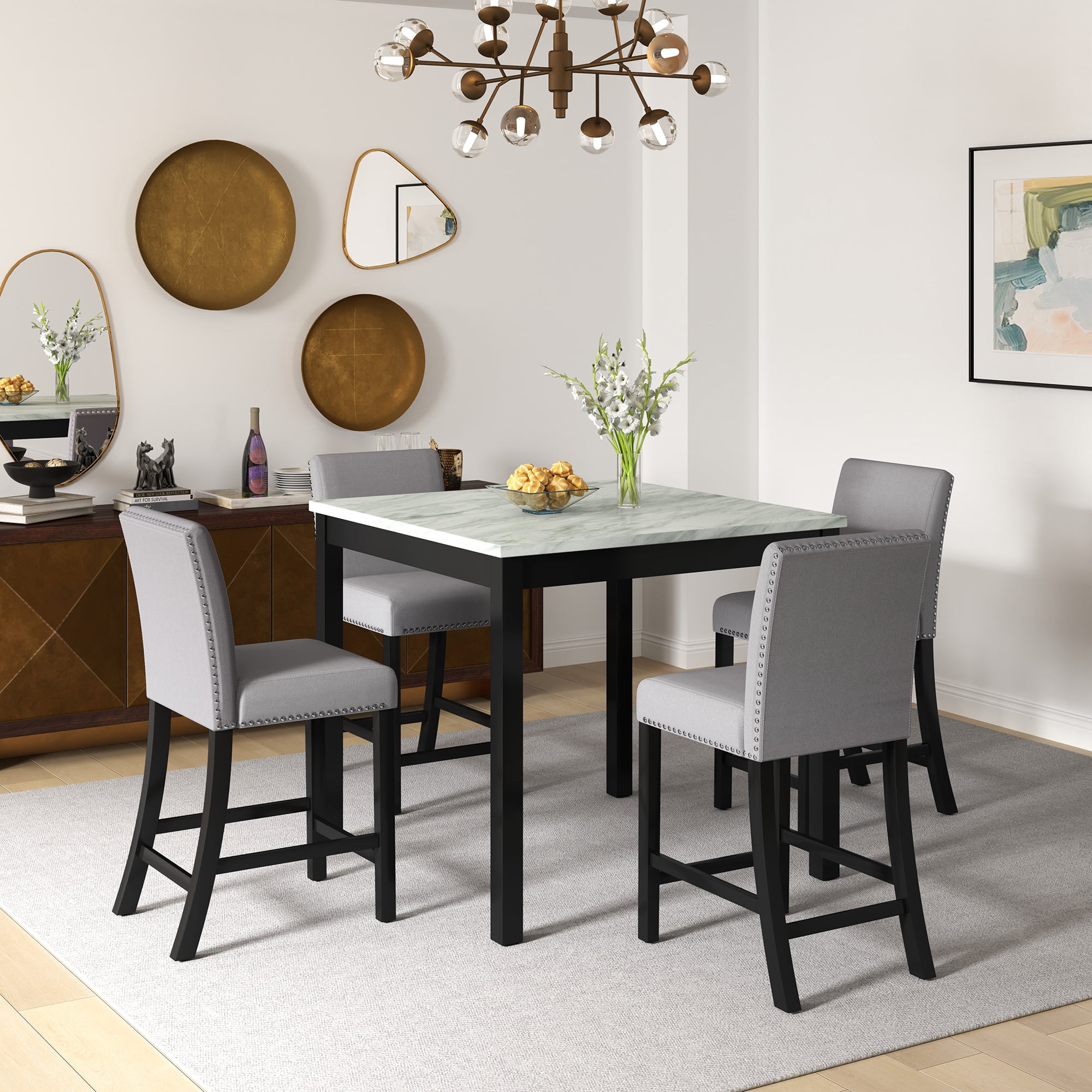 Modern 5-Piece Dining Table Set, Compact Square Counter Height Table ...