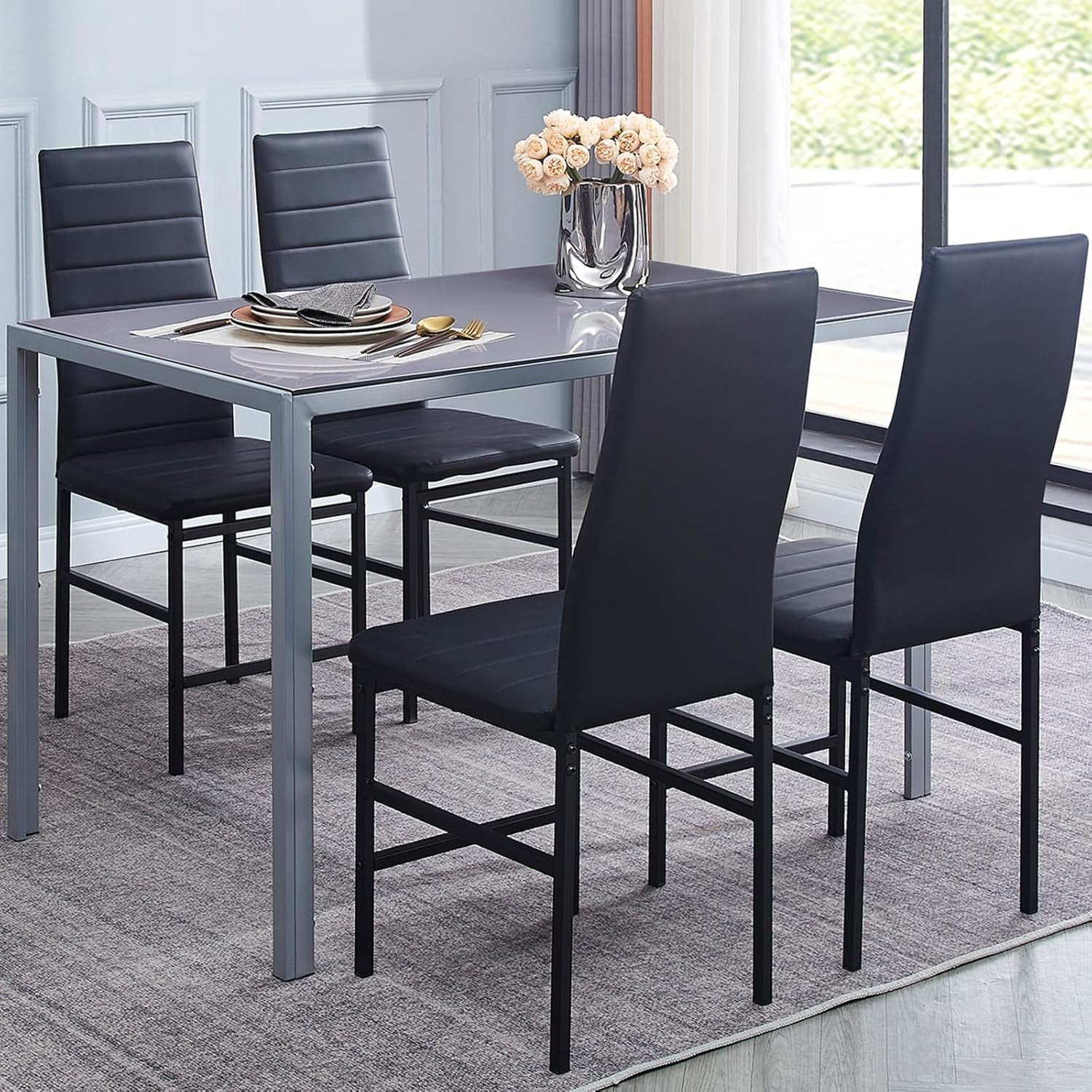 Modern 5-Piece Glass Dining Table and Chairs Set for 4, Home Kitchen ...