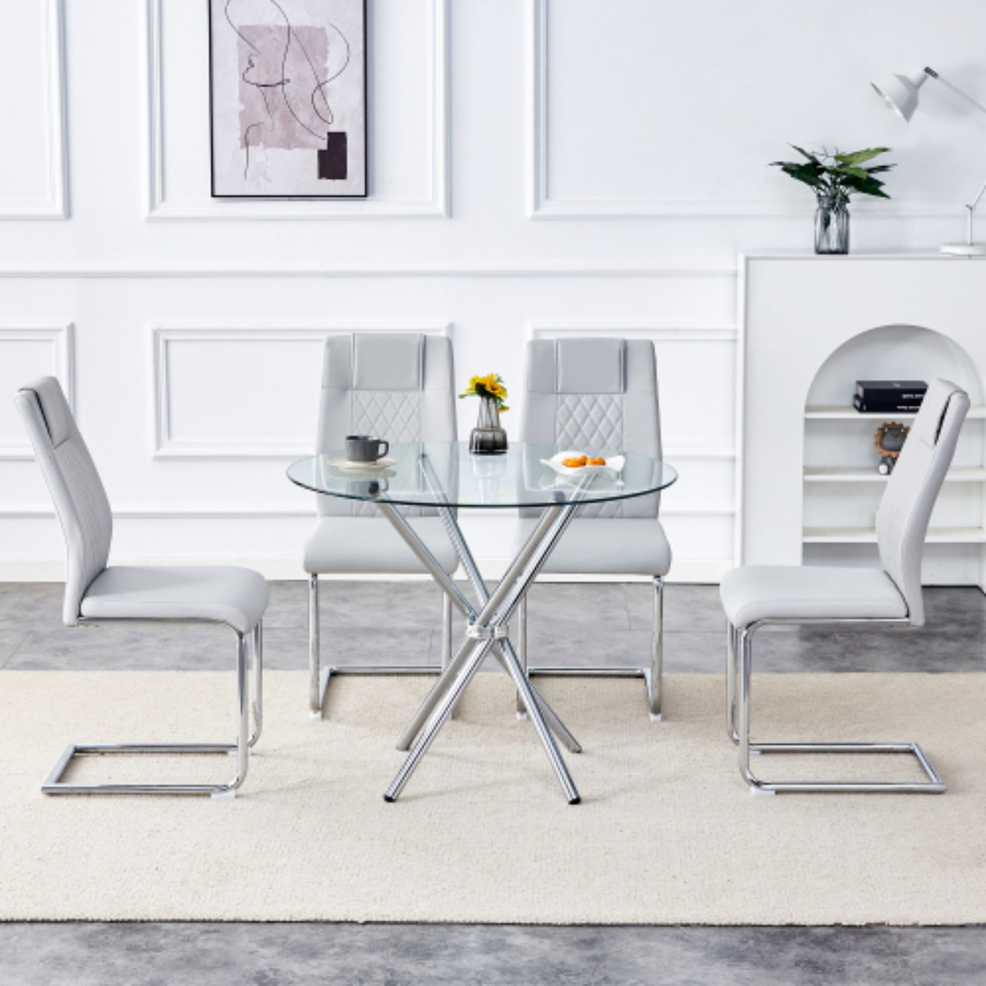 Round Glass Dining Table Set for 4,36.6'' Round Dining Table Set with ...