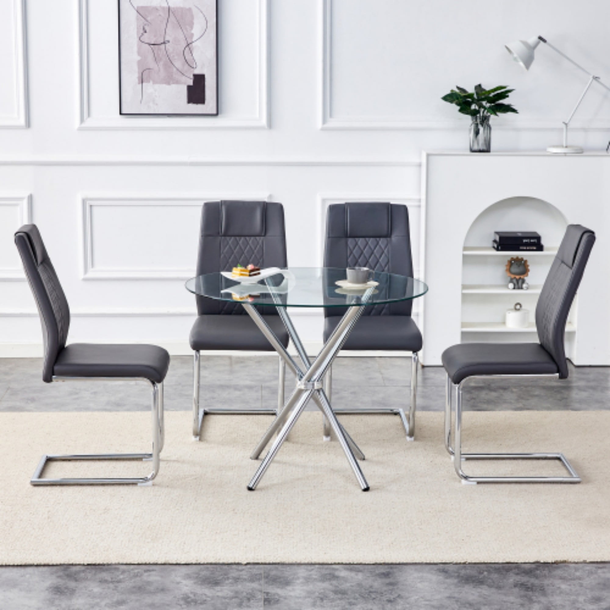 Round Glass Dining Table Set for 4,36.6'' Round Dining Table Set with ...