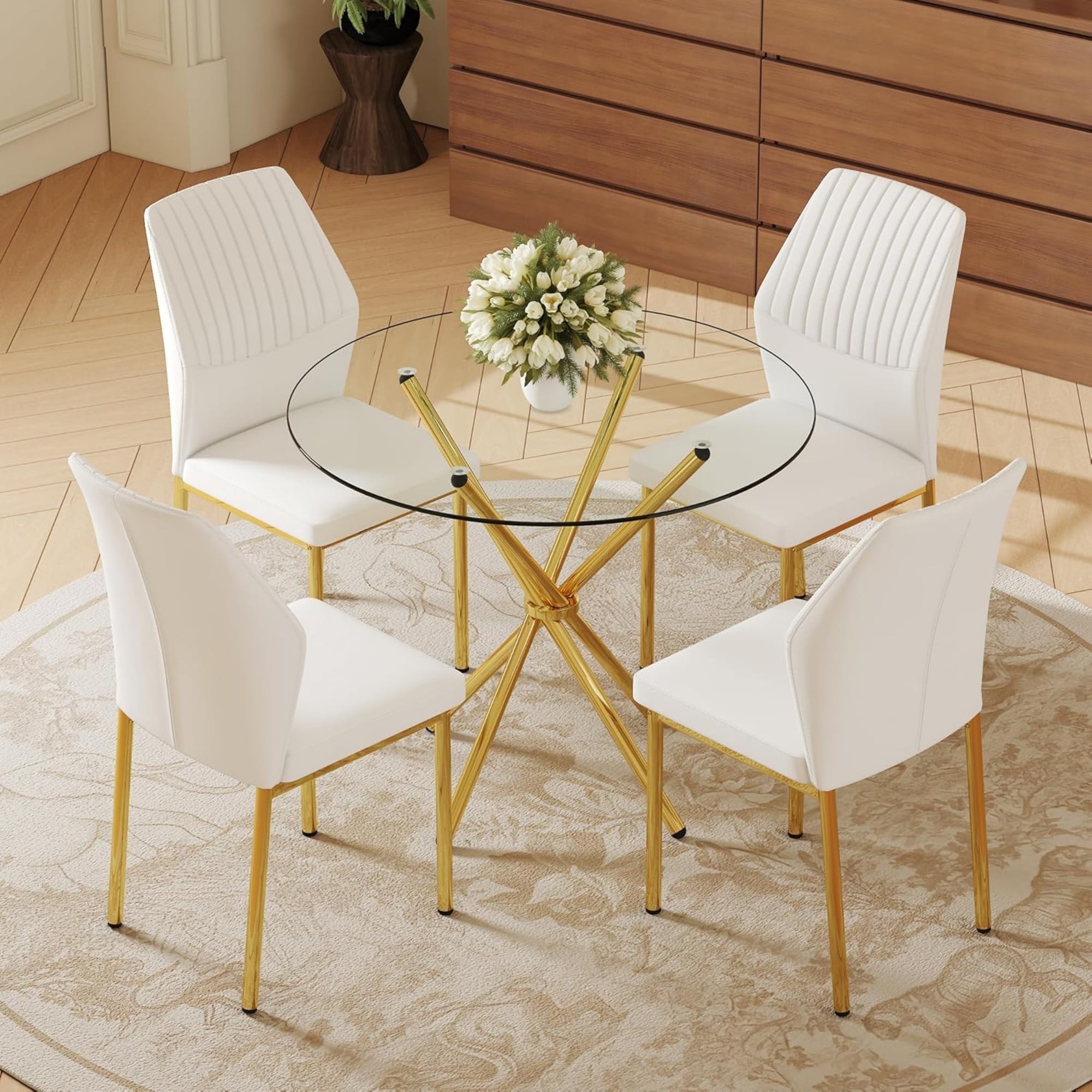 SUDICA 36.6" Round Glass Dining Table Set for 4, Clear Tempered Top ...