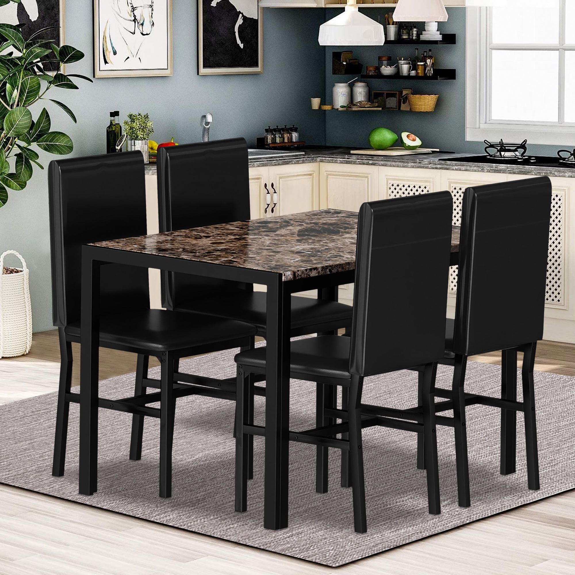 Modern 5 Pieces Dining Table Set, Faux Marble Rectangular Breakfast Table with 4 Piece ...