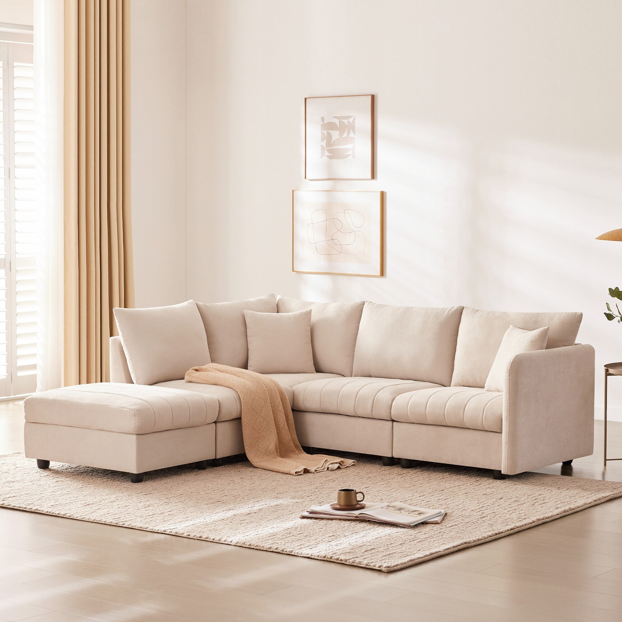 Modern 5-Seat L-Shape Sectional Sofa with Vertical Stripes, 2 Pillows, Convertible Ottoman Beige ...