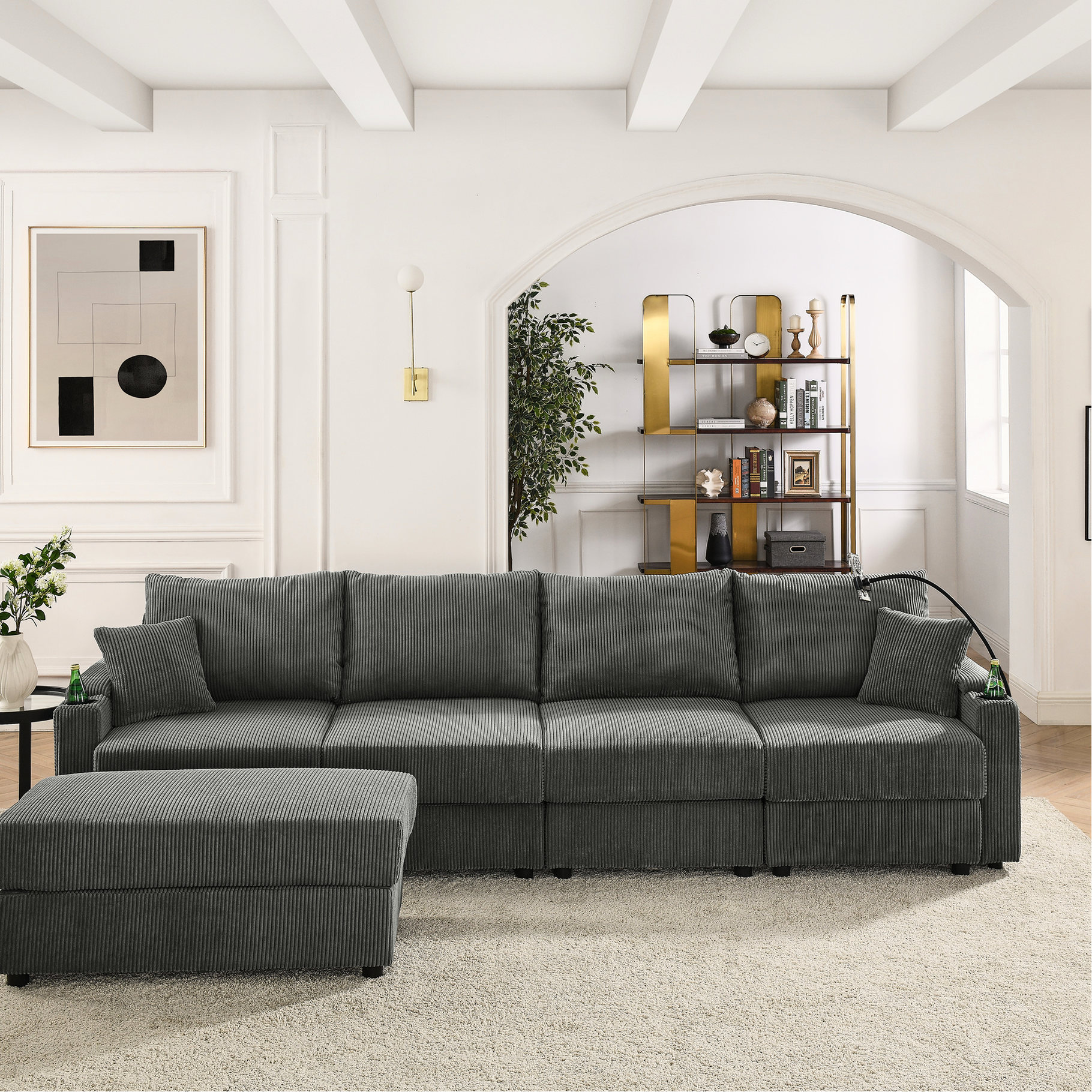 Modern 5-seat L-shaped couch with storage, phone holder, and solid wood ...