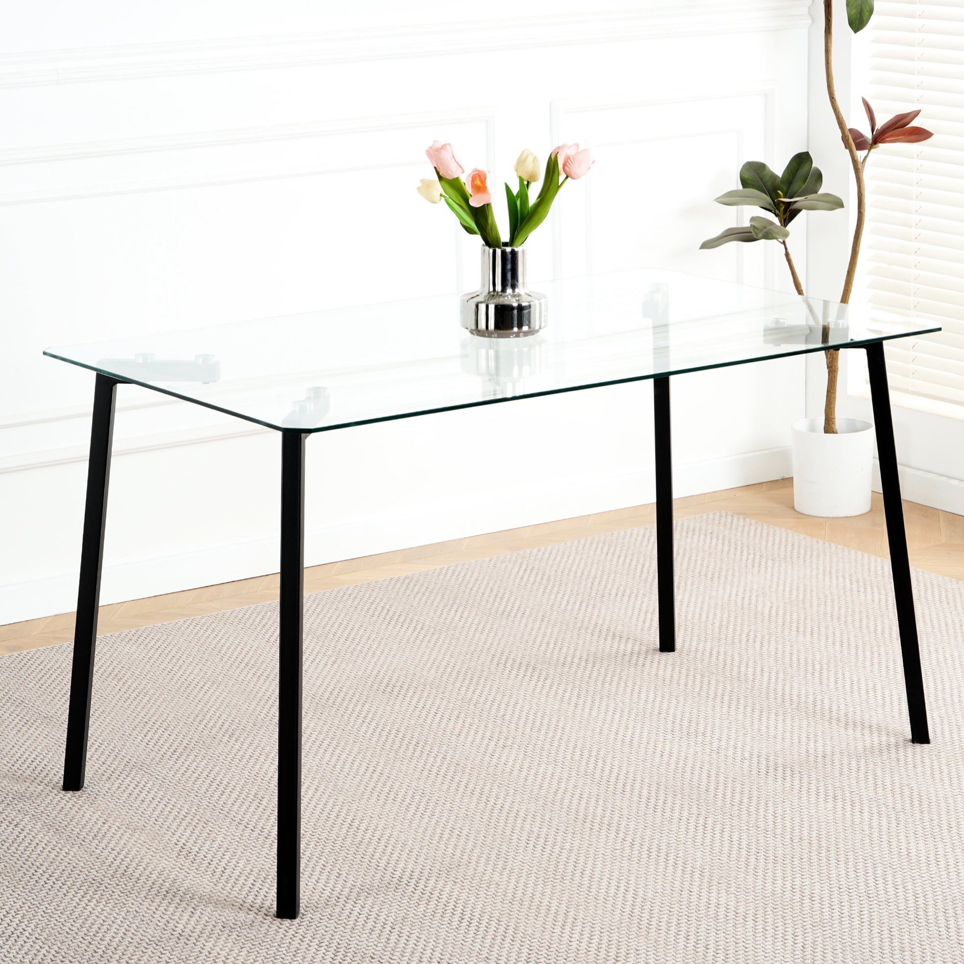 Modern 51.2" Square Glass Table For Dining Area - Black Metal Frame ...