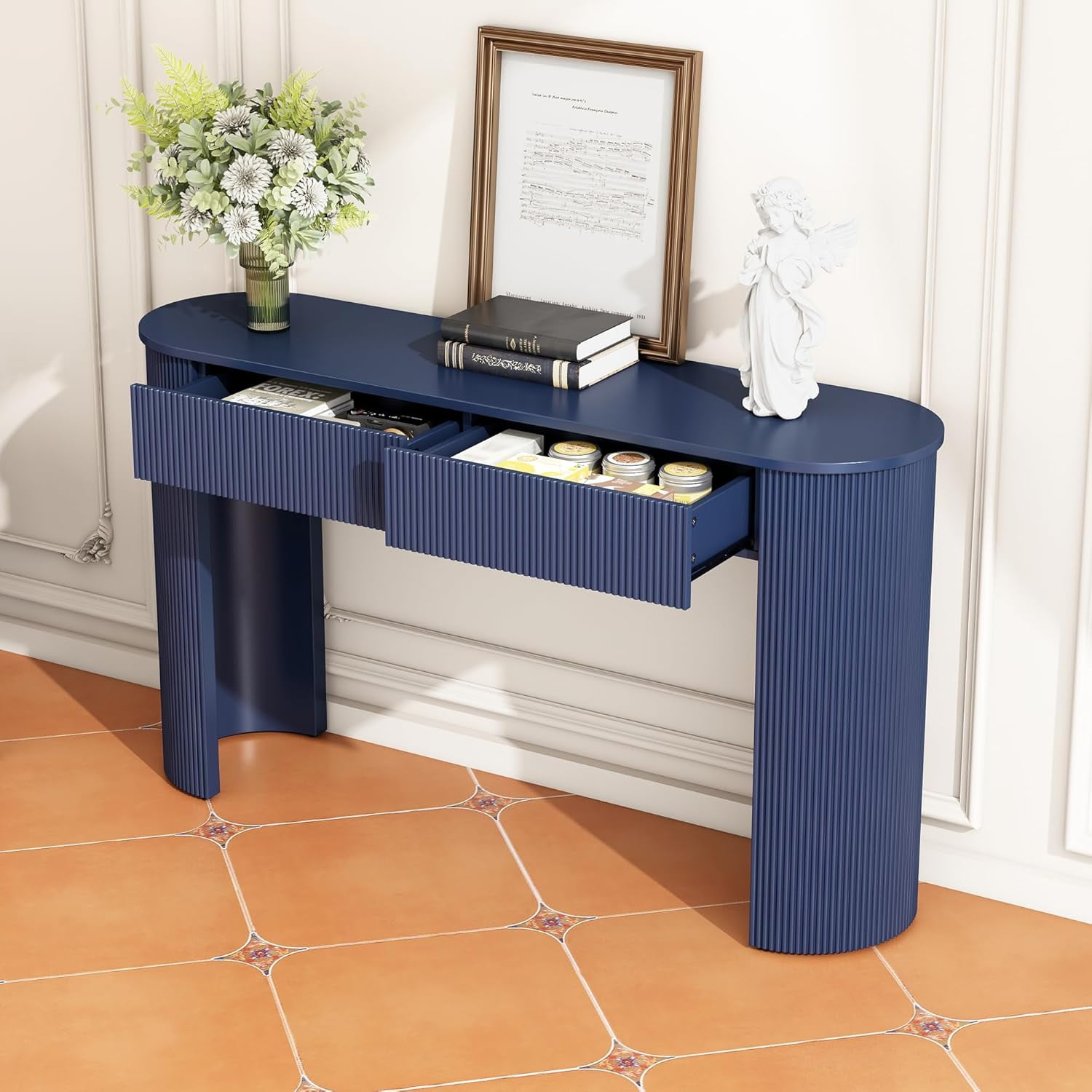 Modern 54 inch Console Table with Oval Top and 2 Drawers, Fluted ...