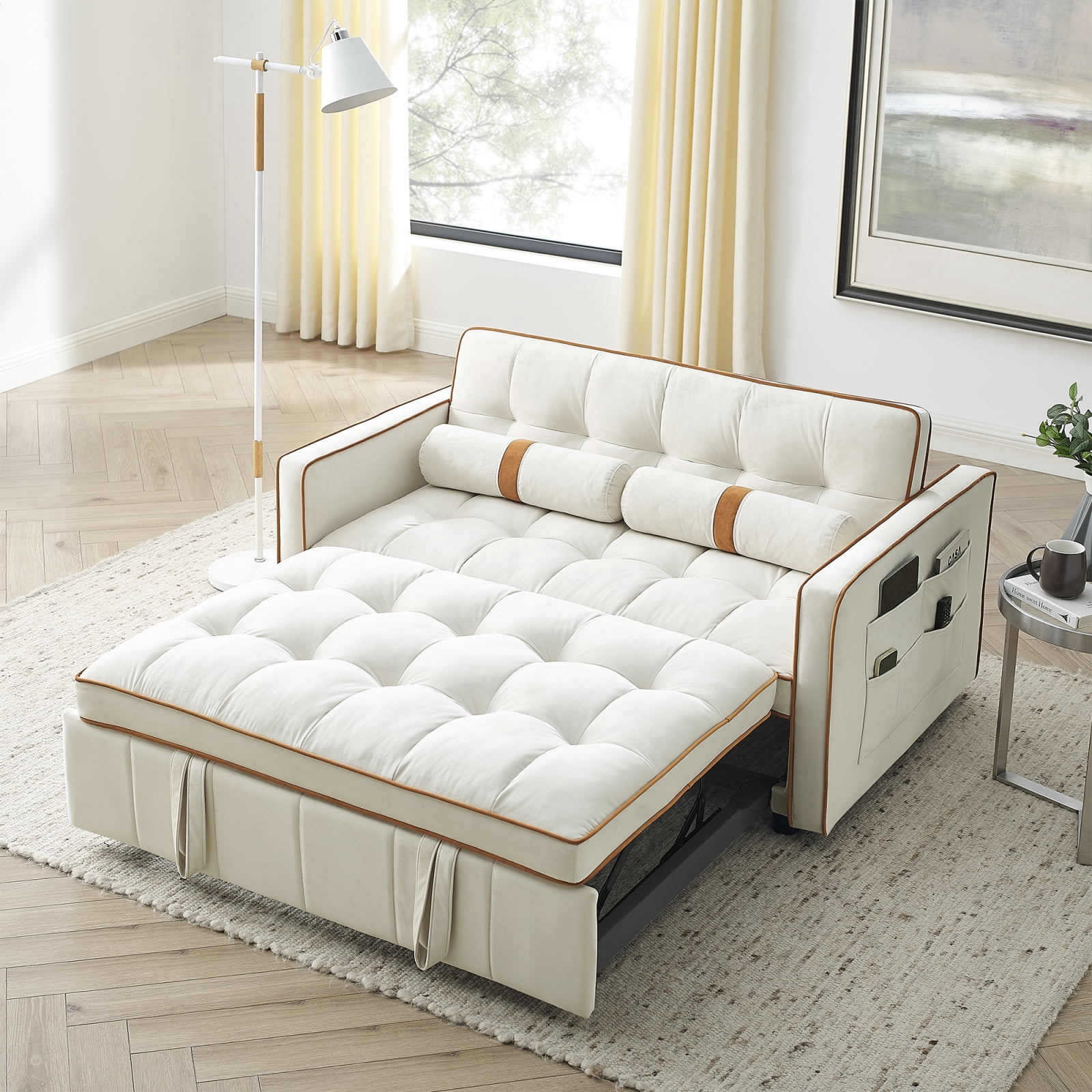 Modern 55.5" Pull Out Sleep Sofa Bed 2 Seater Loveseats Sofa Couch with ...