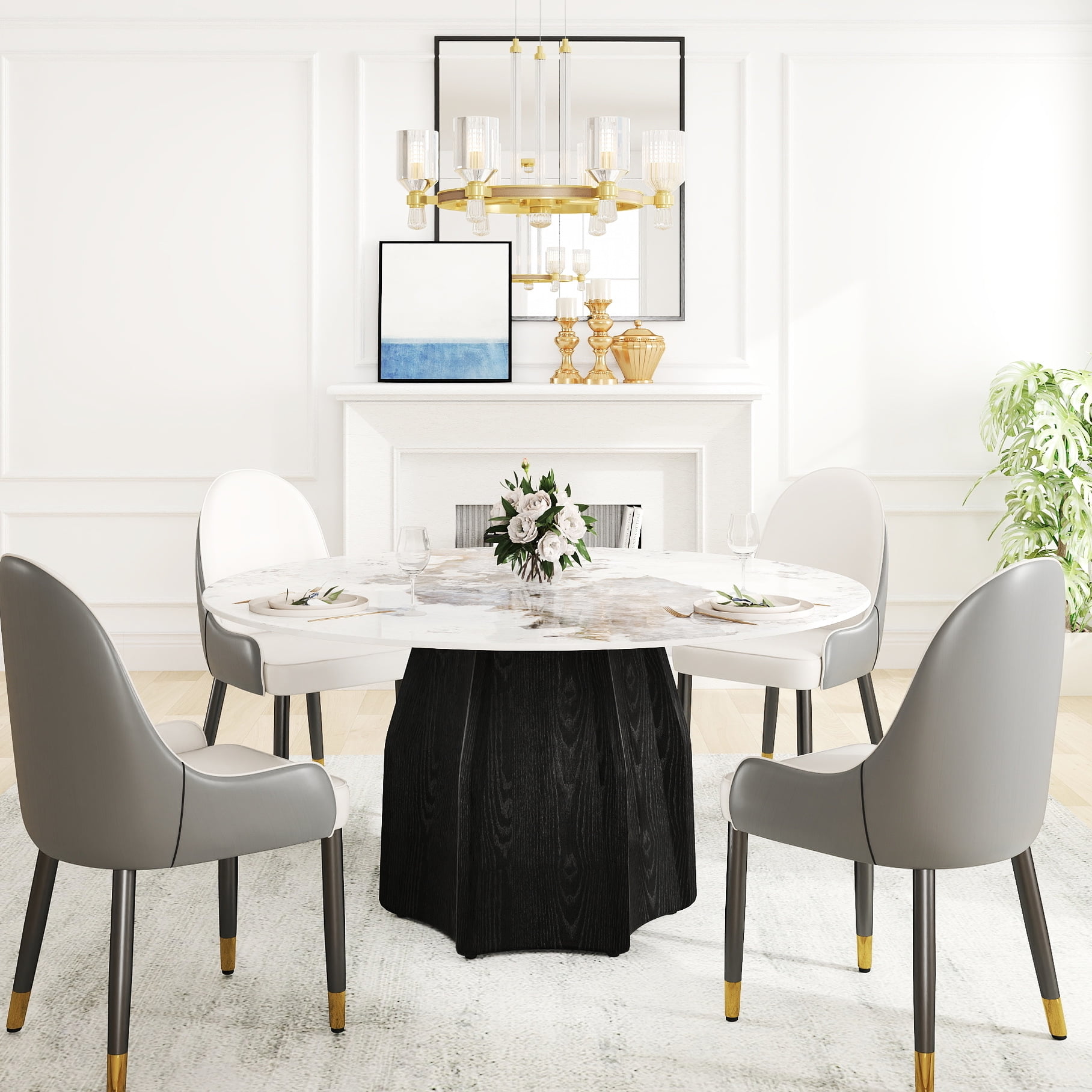 Modern 57.47" Round Dining Table With Artificial Marble Top And Black ...