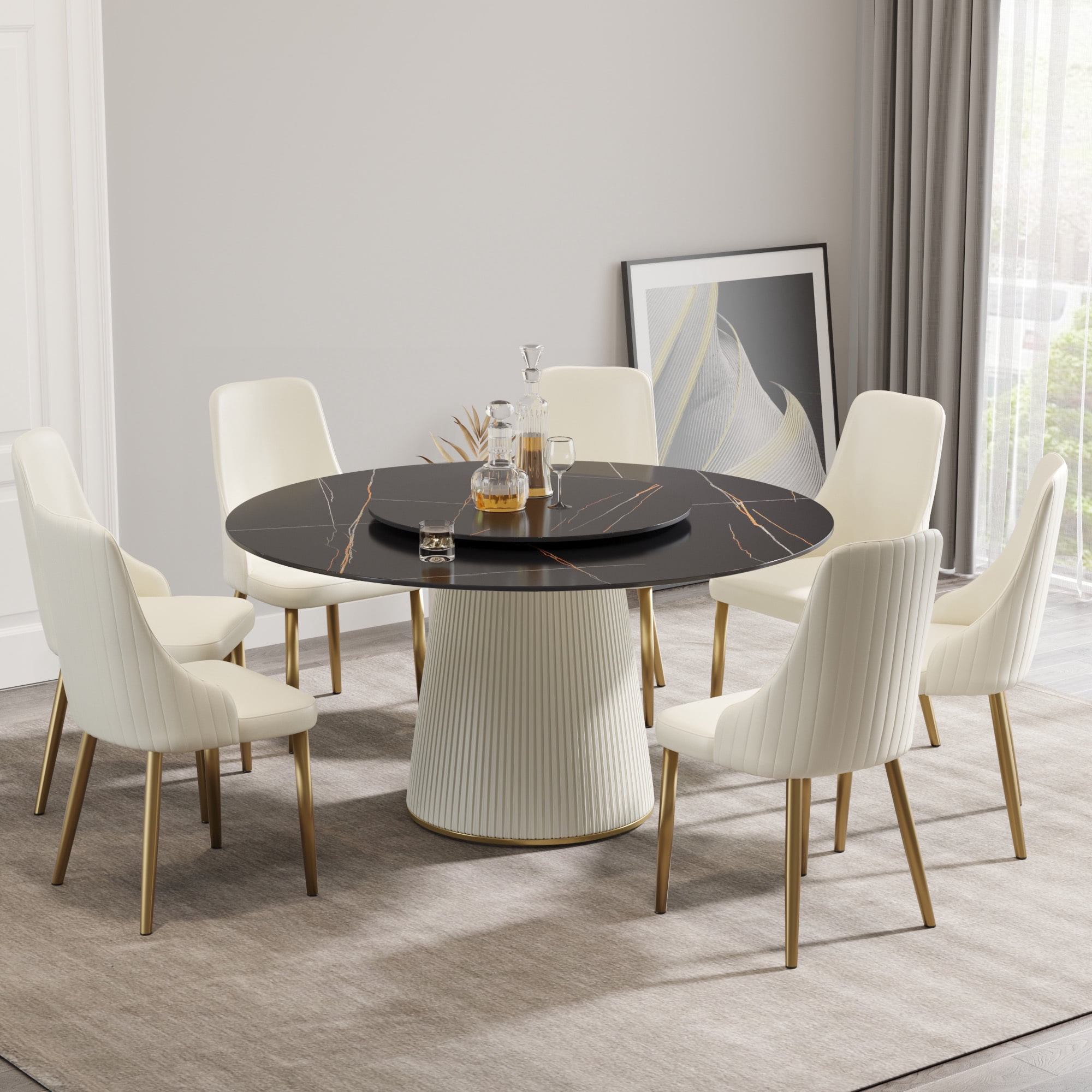 Modern 59.05" Black Artificial Stone Round Dining Table with Beige ...