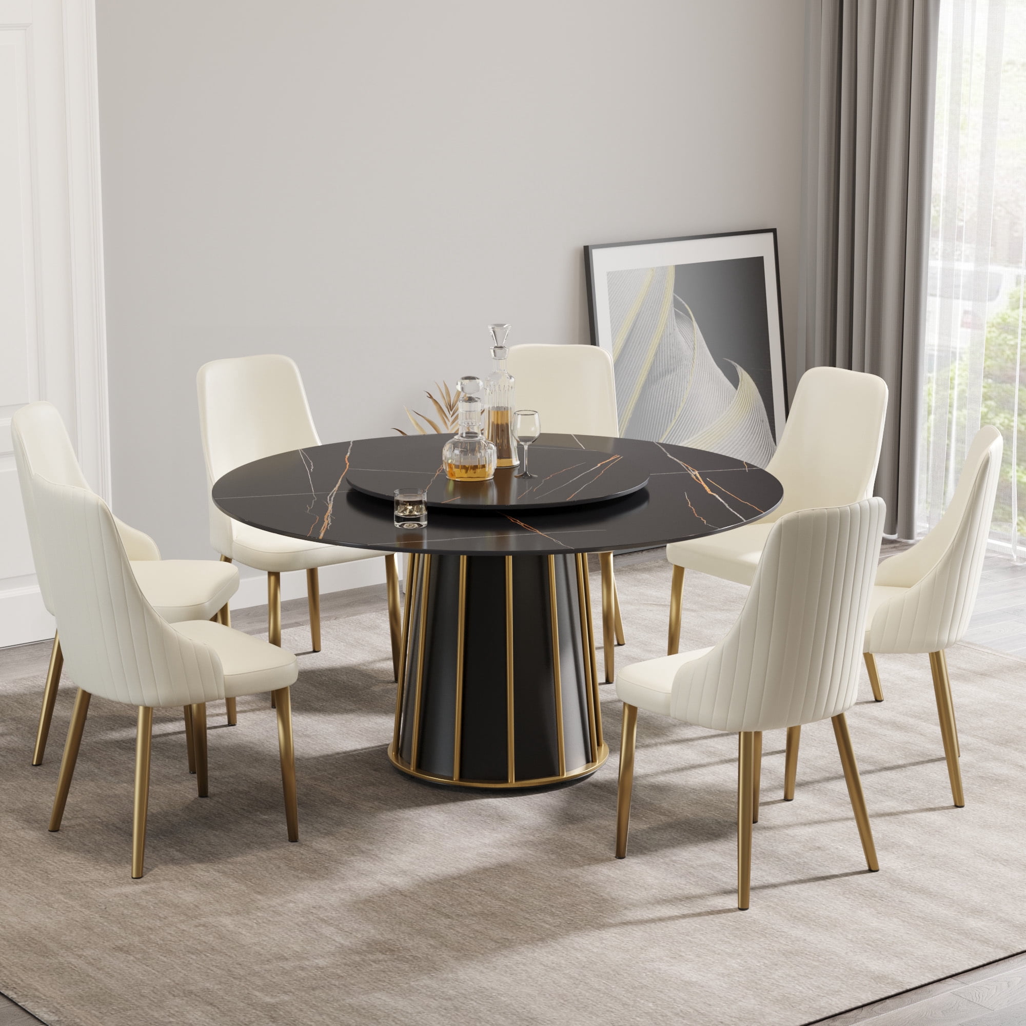 **Modern 59.05" Round Dining Table with Black Artificial Stone Top and ...