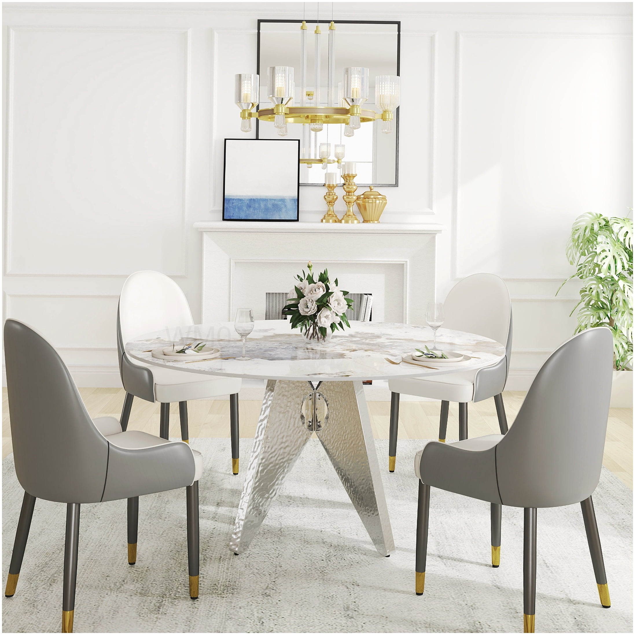 Modern 59" Round Pedestal Dining Table, White Sintered Stone Top ...