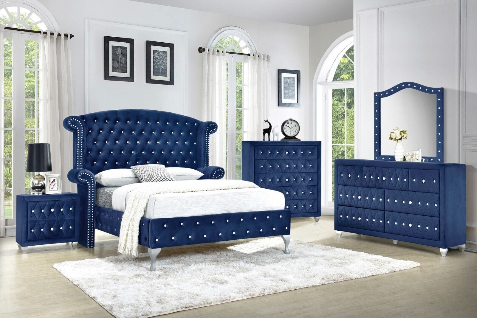 Modern 5Pc Queen Size Bed Dresser Mirror Nightstand Set Master Bedroom Furniture Blue Velvet