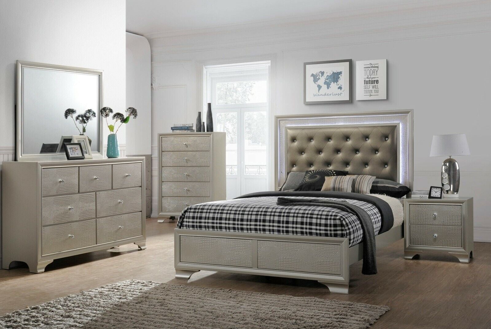 Modern 5pc LED Backlit California King Bed Set, Faux Leather Champagne Finish - Walmart.com