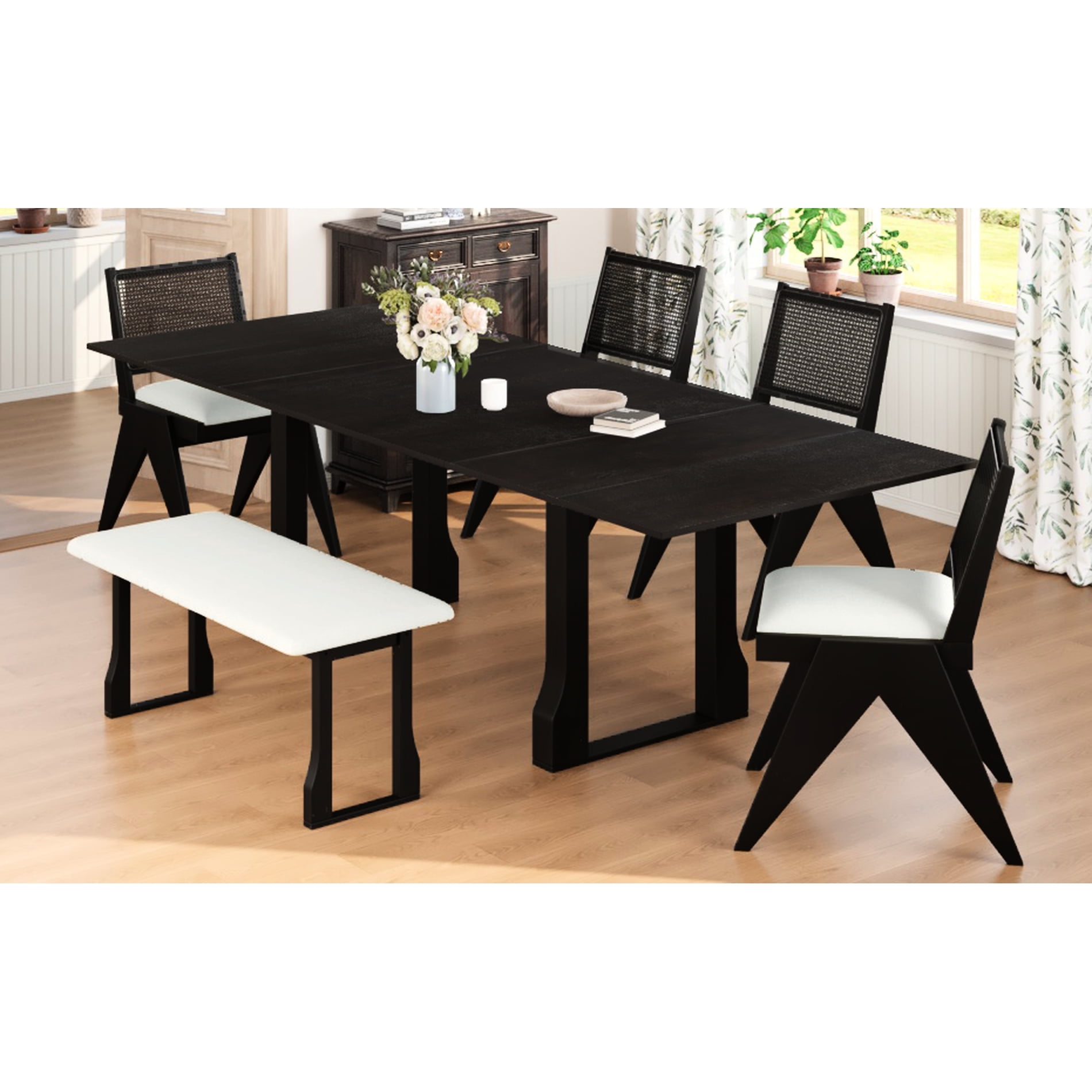 Modern 6 Dining With 82.7inch Extendable Table, Upholstered Chairs ...