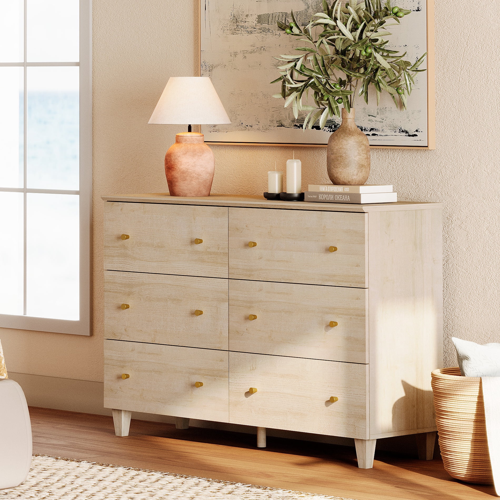 Modern 6-Drawer Double Dresser, Wooden Chest of Drawers with White Oak ...