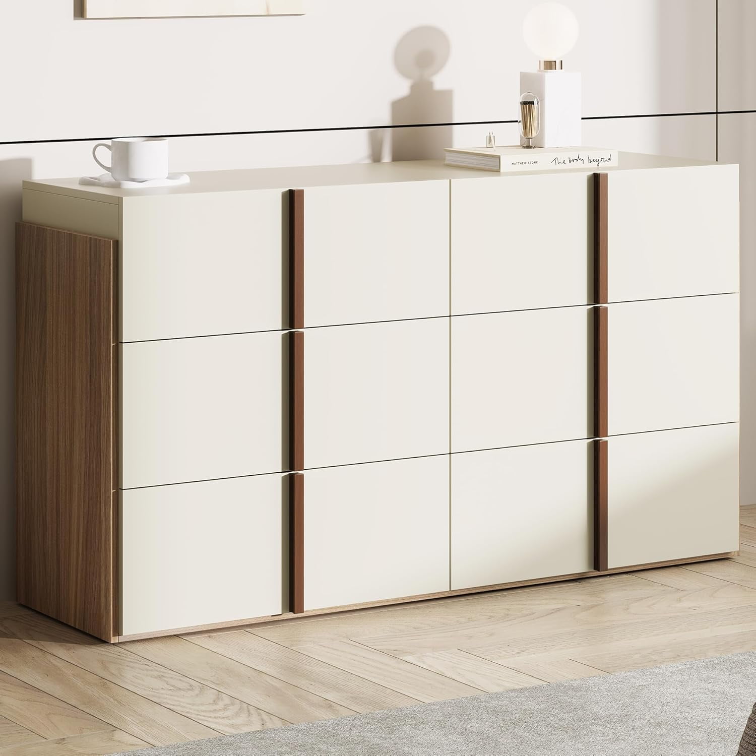 Modern 6-Drawer Dresser for Bedroom, 54” Wide Cream Wood Dresser with ...