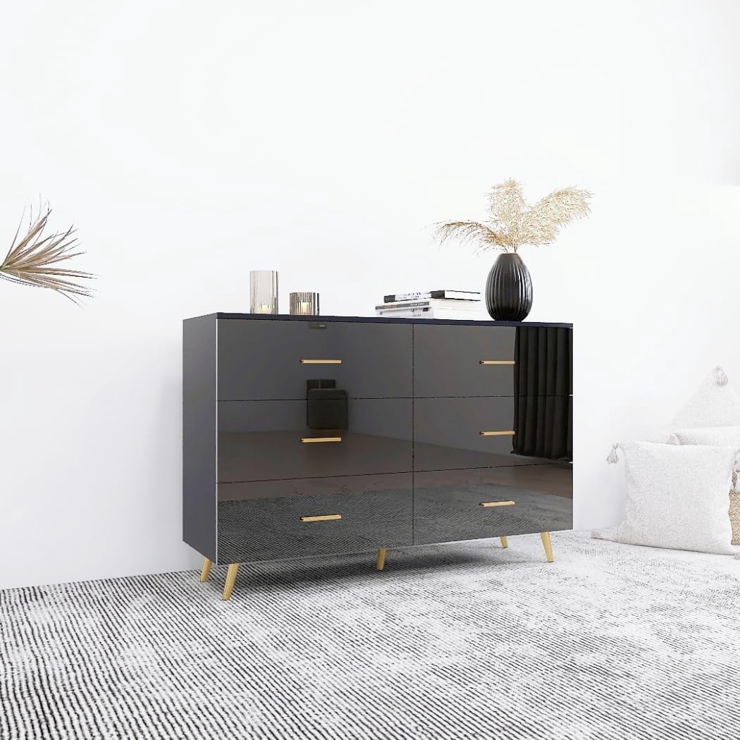 Modern 6 Drawer Dresser for Bedroom with High Glossy Surface, Wood ...