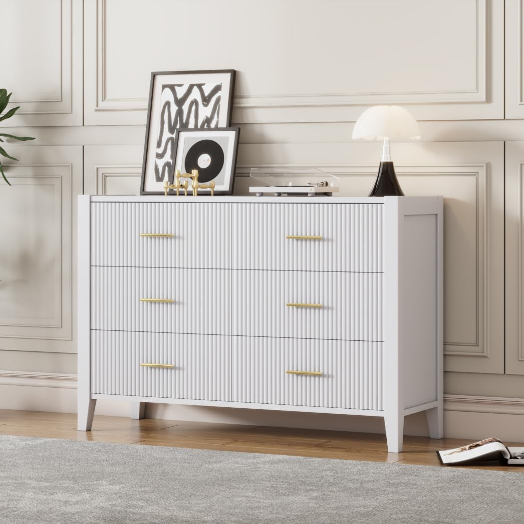 Modern 6 Drawer Dresser for Bedroom with Vertical Stripe Finish Drawer ...