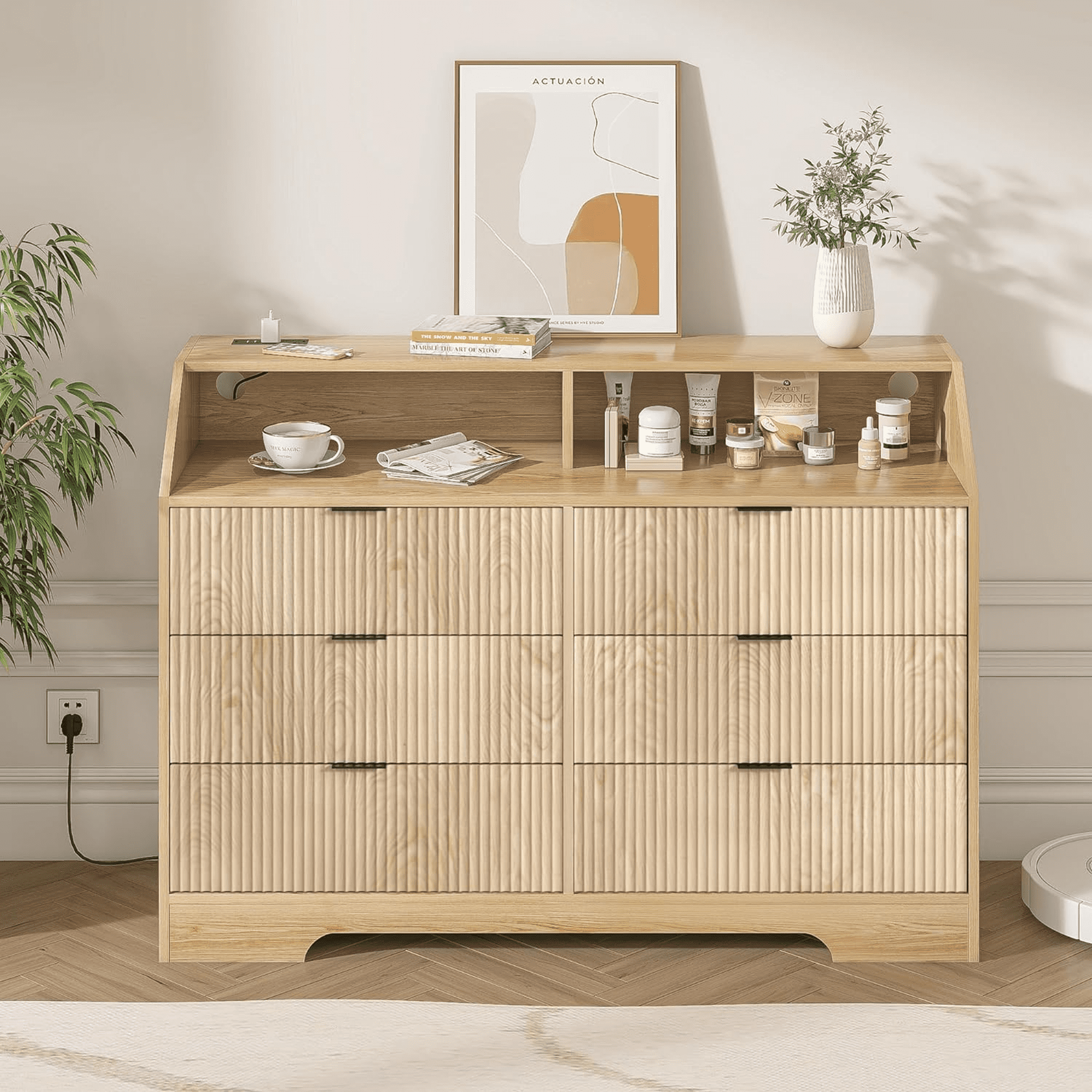 Oubayajia Modern 6 Drawer Dresser, Wood Chest of Drawers with Power ...