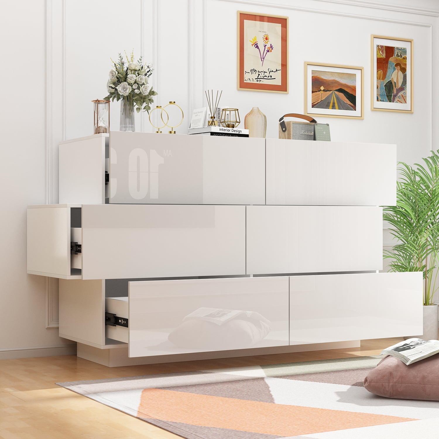 Modern Glossy 6-Drawer Dresser, Contemporary Solid Wood Storage Chest ...