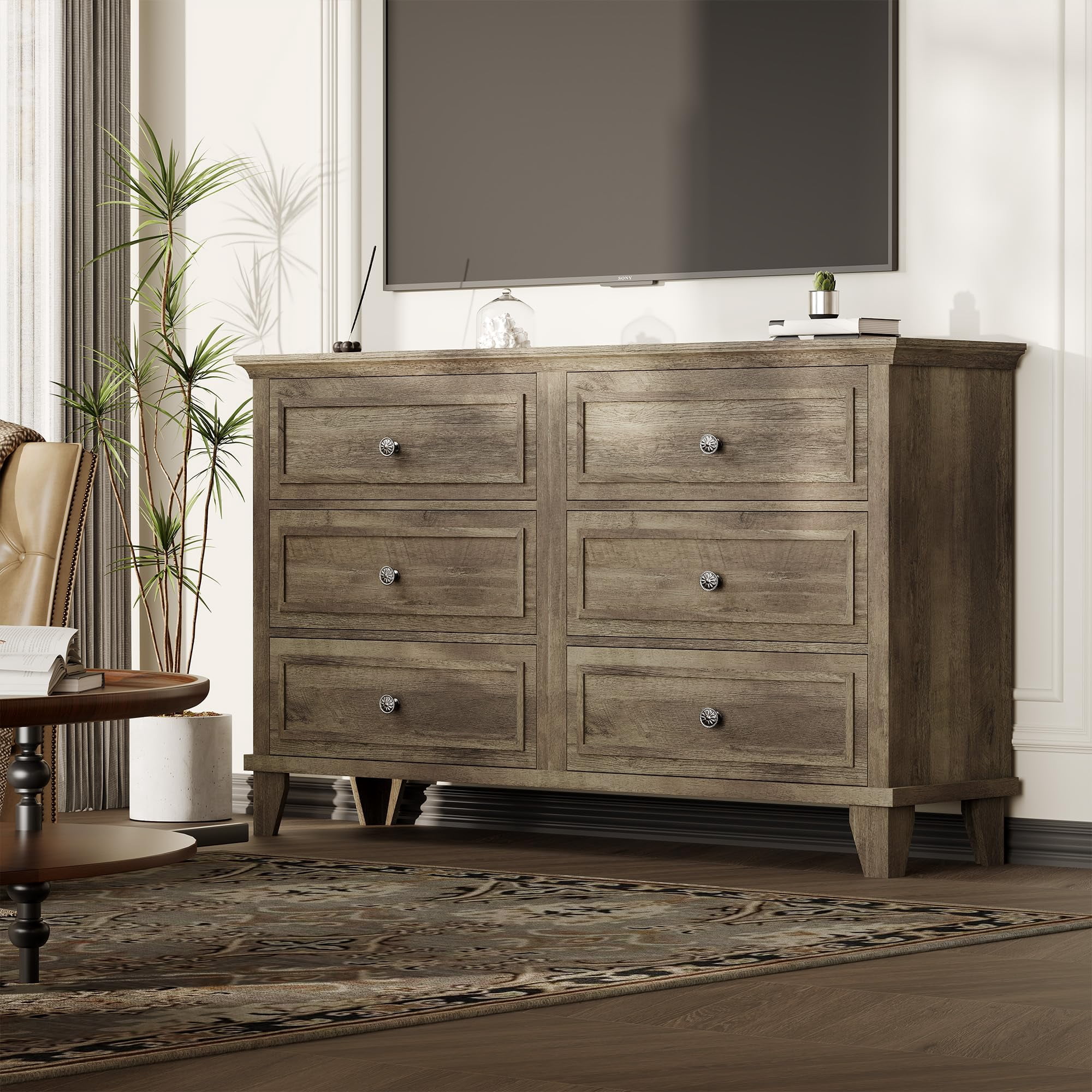 Modern 6-Drawer Dresser TV Stand - Deep Wooden Drawers with Vintage ...