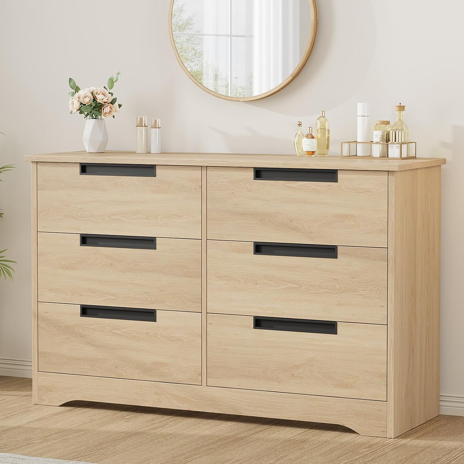 Modern 6-Drawer Dresser with Embedded Handles, Natural Wood Chest of ...
