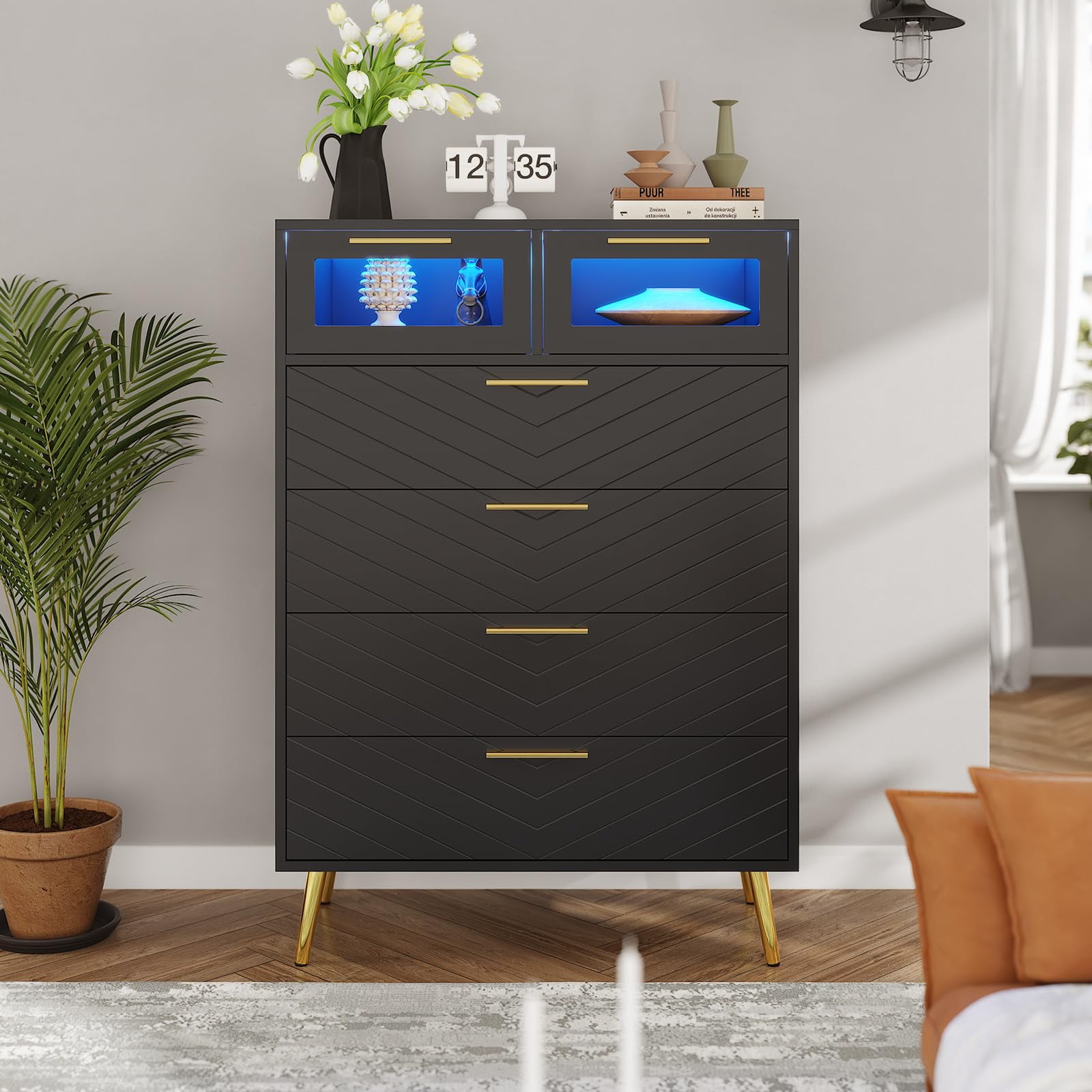 Modern 6 Drawer Dresser with Led Light,Black Dresser with Wide Storage Organizer for Bedroom ...