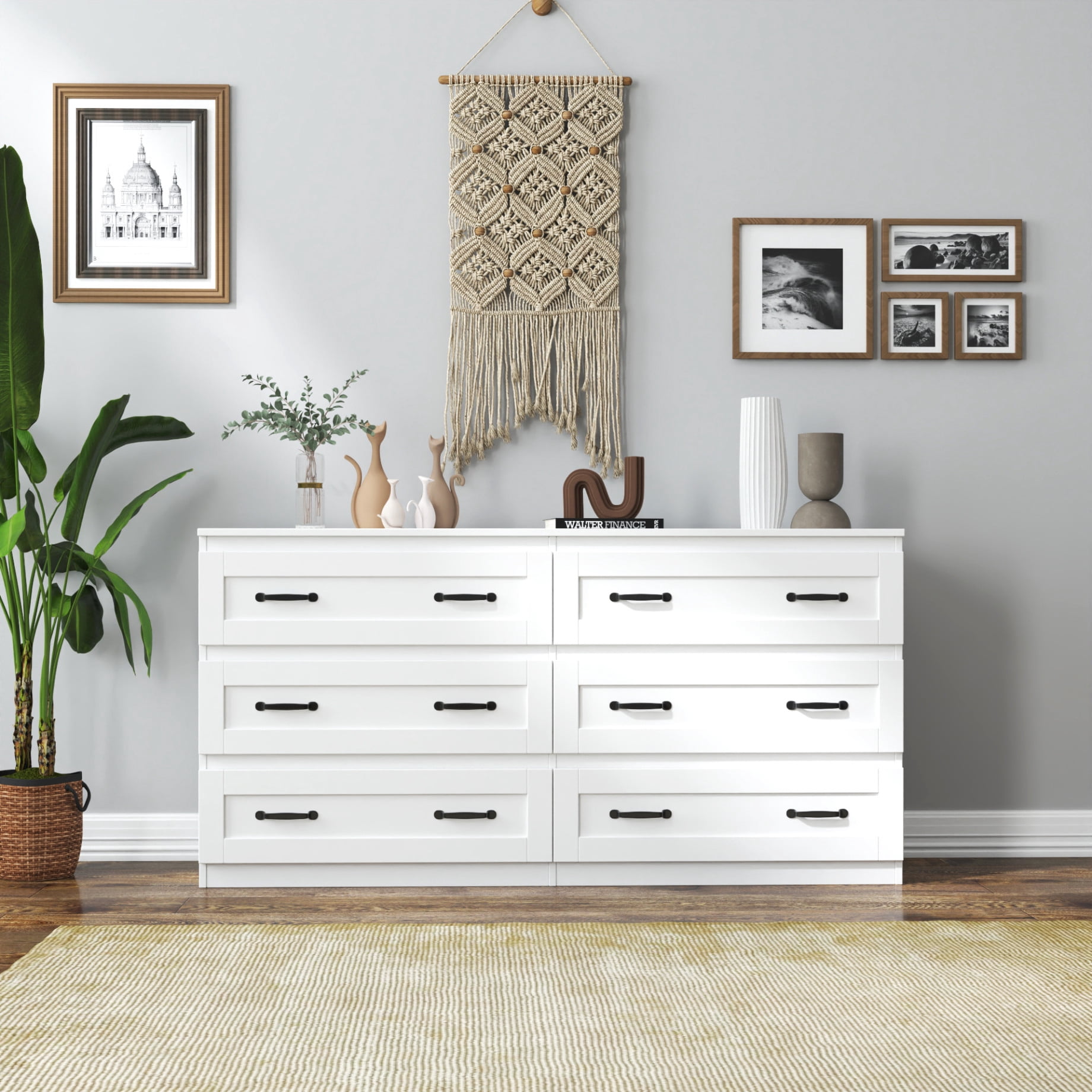 Modern 6-Drawer White Chest of Drawers with Metal Handles - Durable ...