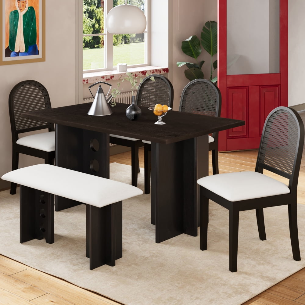 Modern 6 Pcs Dining Table Set, With Bench and 4 Upholstered Rattan Back ...