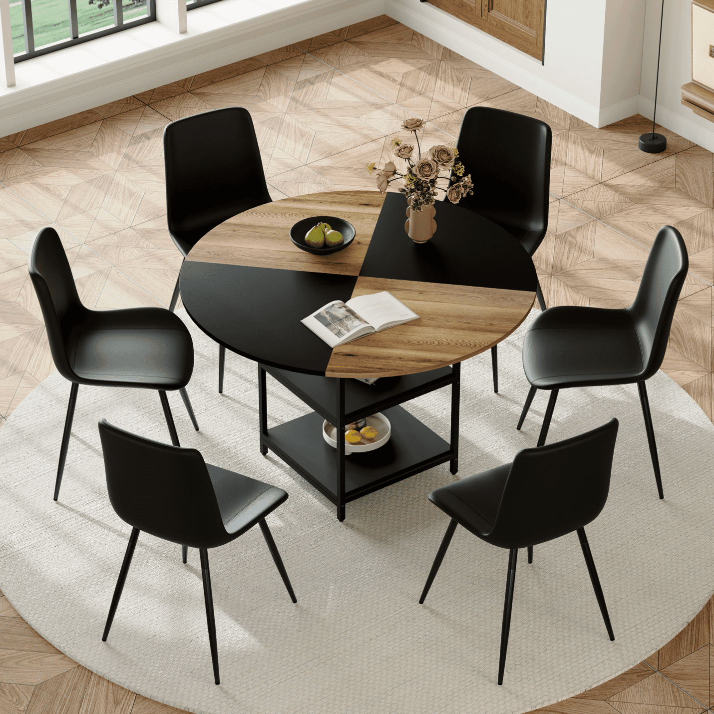 Modern 6-Piece Dining Set 47.3" Round Table with Double Storage & PU ...